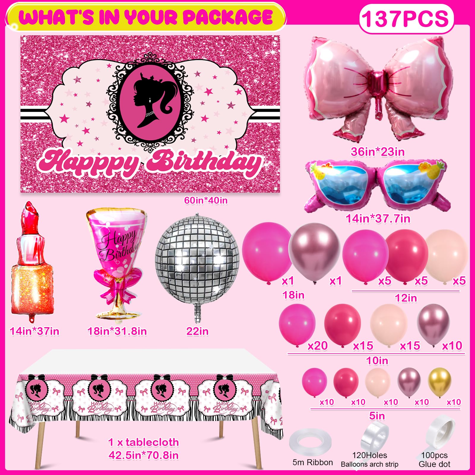 KELENO 137 Hot Pink Party Decorations Birthday Party Supplies Princess Balloon Garland Arch Kit Bow Disco Sunglass Lipstick Balloon Backdrop Tablecloth Baby Shower Bachelorette Girl Birthday Decor