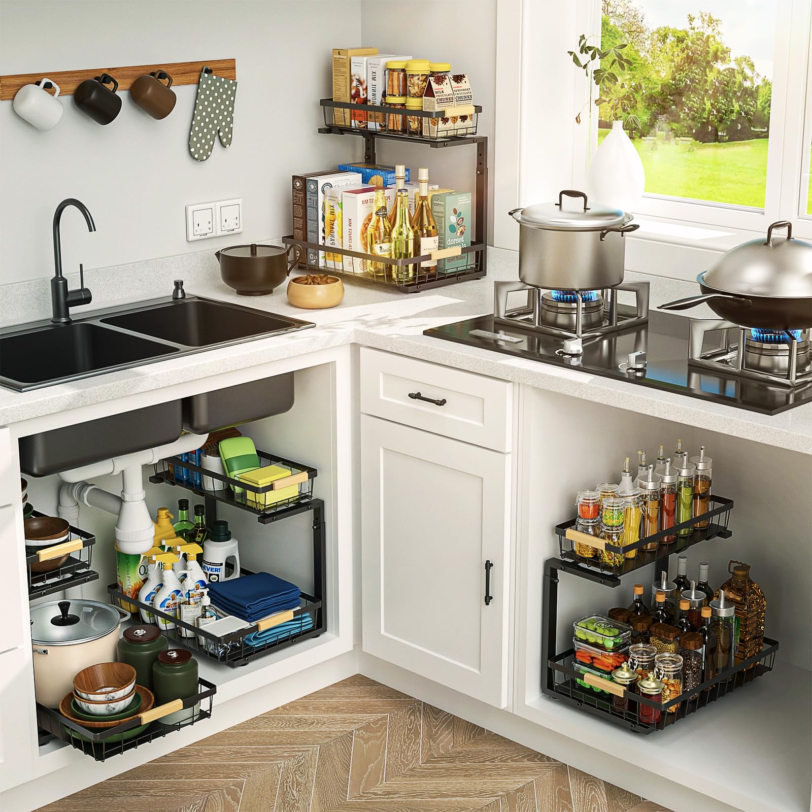 Under Sink Organizer and Storage 2 Pack Height Adjustable Pull Out Cabinet Drawers Organizer 2 Tier Metal Slide Out Sink Shelf Cabinet Storage Shelves for Kitchen Bathroom Cabinet, Black
