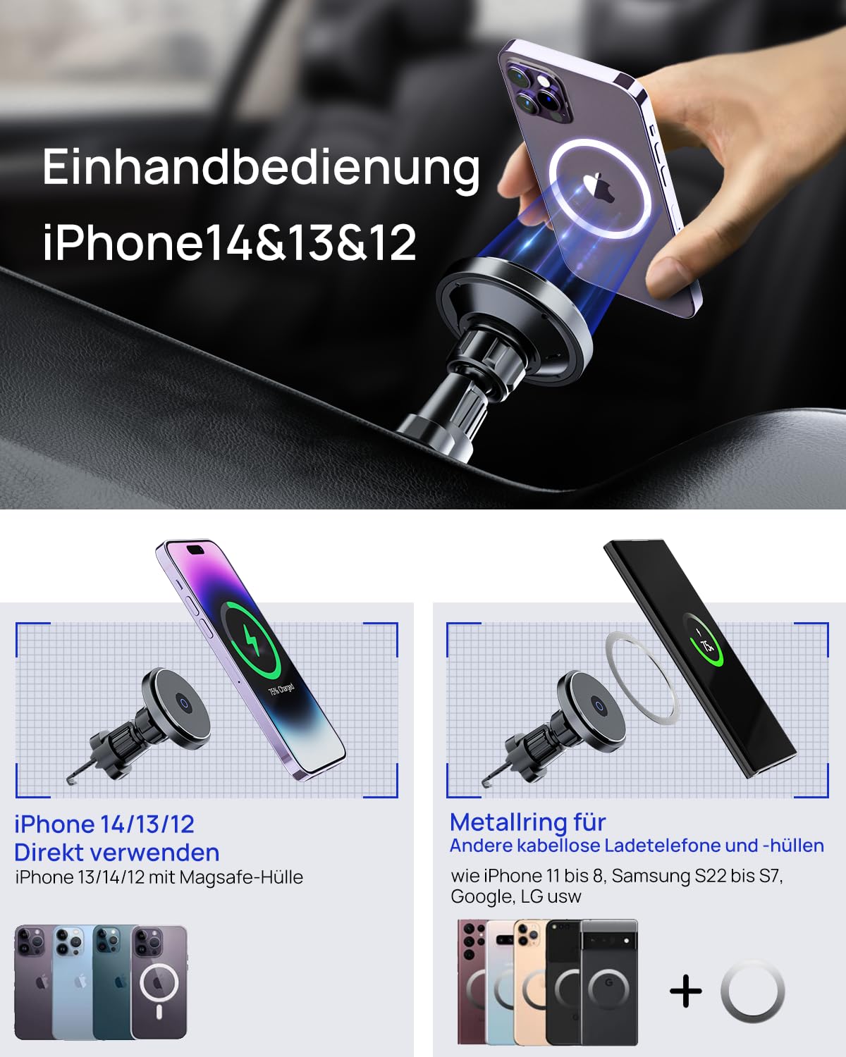 KPON Magnetic Wireless Car Charger, Air Vent Phone Mount Charger Compatible with MagSafe for iPhone 15 14 13 12 Pro Max(Black)