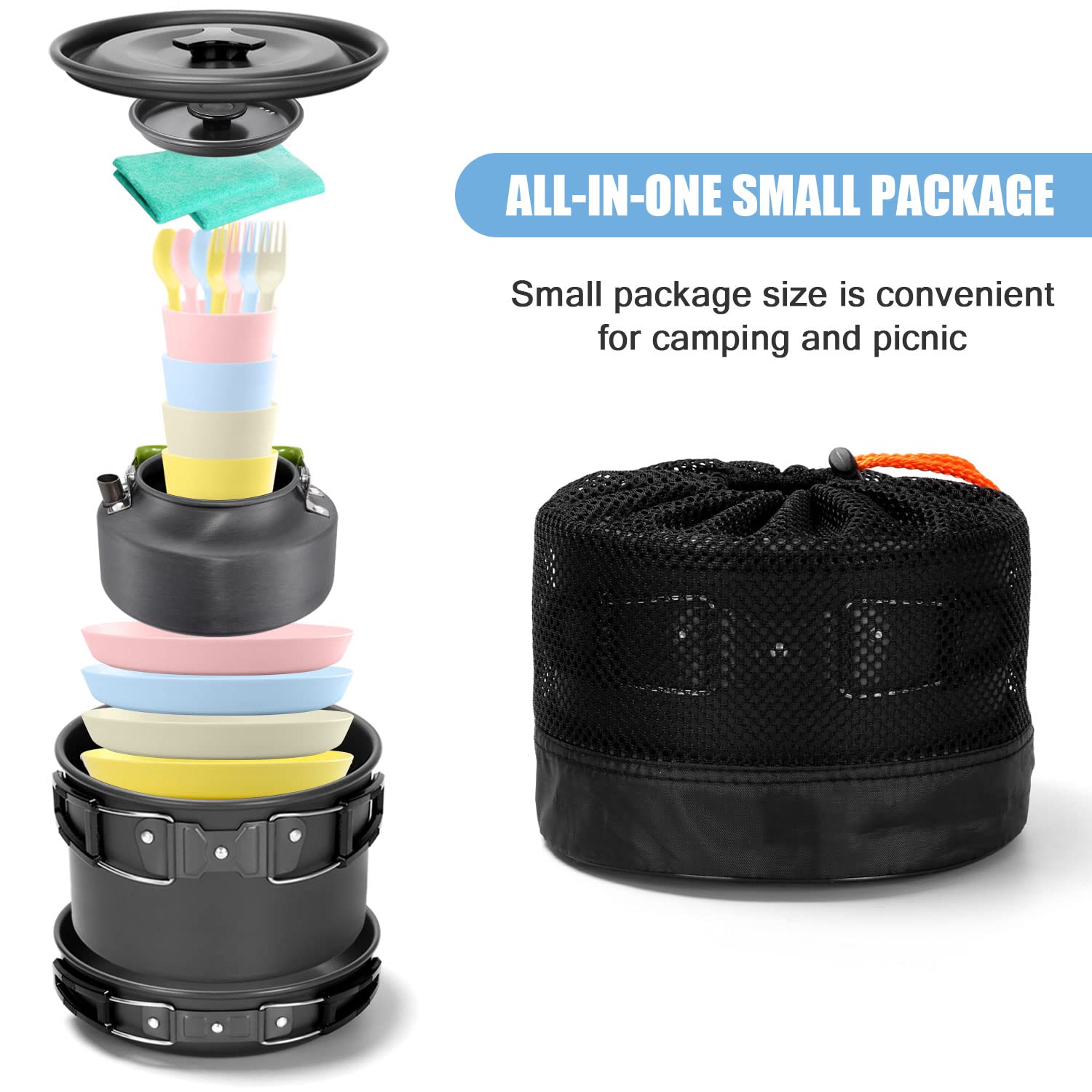 Odoland 24pcs Camping Cookware Kit, Non-Stick Lightweight Pot, Pan, Kettle Set with Plastic Cups, Portable Cookware Accessories for Outdoor Cooking, Hiking, Backpacking and Picnic