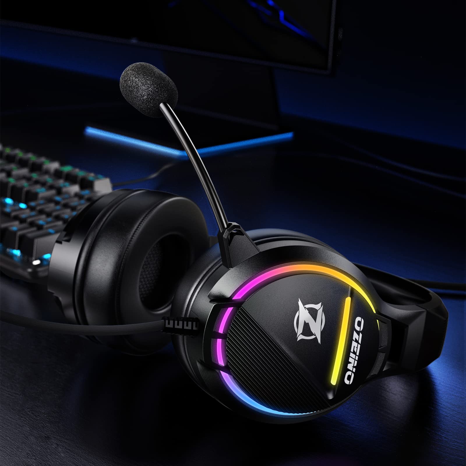 Ozeino Gaming Headset for PS4 PS5 Xbox Series X|S, Xbox One, 3D Stereo Surround Headset with Microphone, Lightweight Comfortable, RGB Dynamic Lighting Gaming Headphones for PC, Switch, Laptop, Mobile
