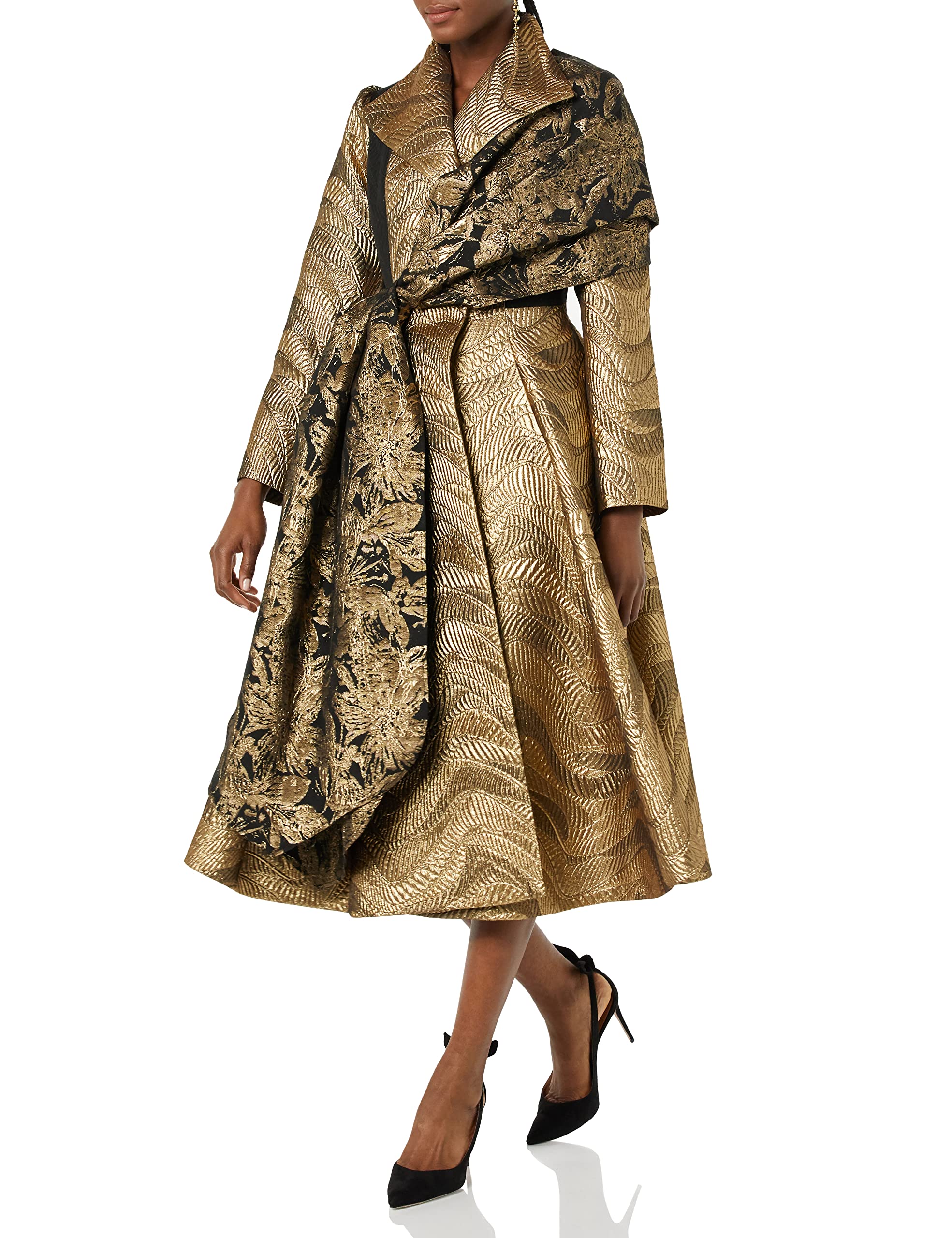 Making the Cut Women's standard Metallic Jaquard Coat & Scarf, Gold, L