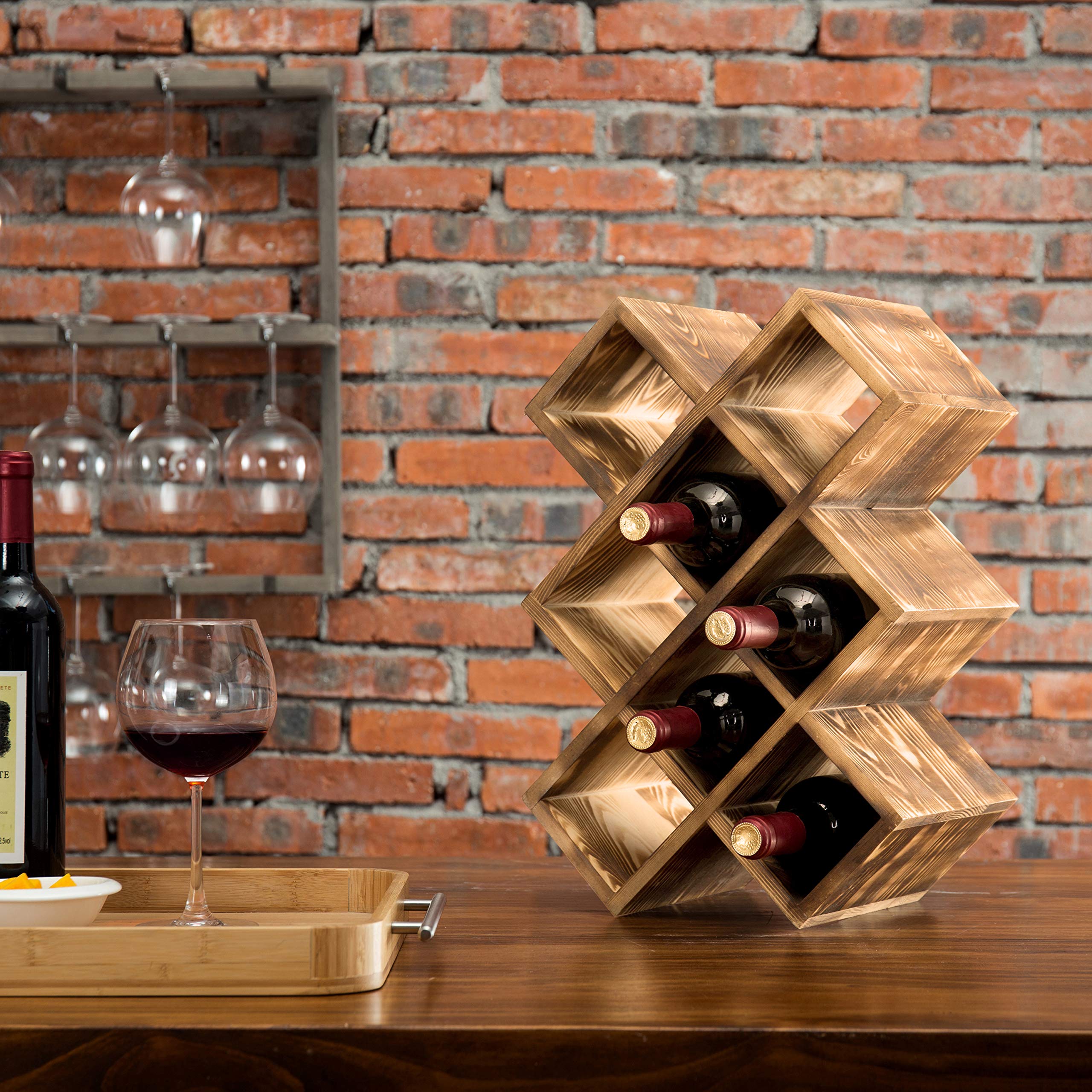 MyGift Vintage Gray Solid Wood Tabletop Wine Bottle Holder Rack with Geometric Cross Hatch Design, Vertical or Horizontal Display, Holds up to 8 Bottles