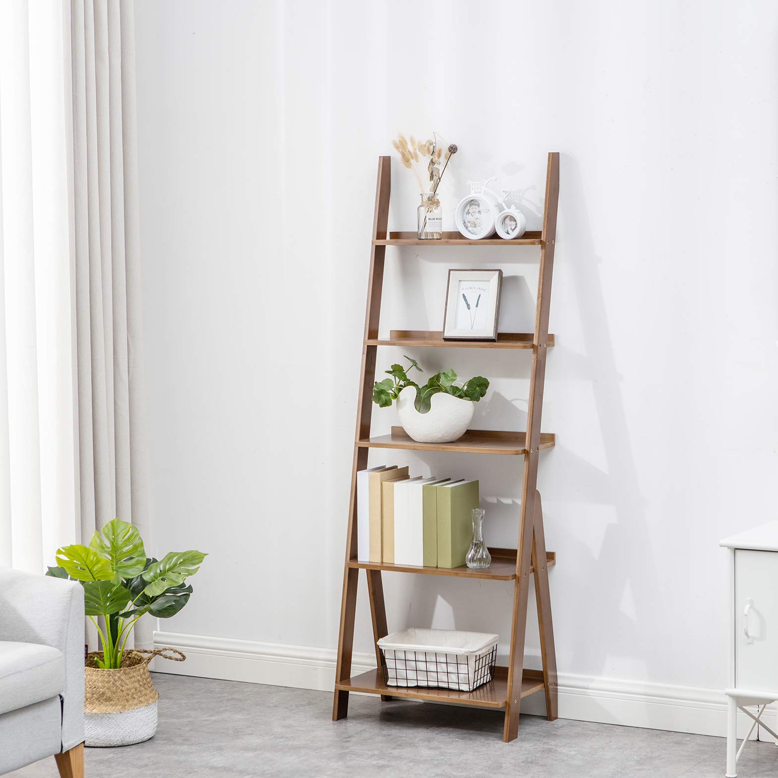 K KELBEL Bookshelf & Ladder Shelf &Storage Rack & Multipurpose Bamboo Organizer Shelves Furniture for Home Office, Living Room, Kitchen, Office 5 Tier (Brown)