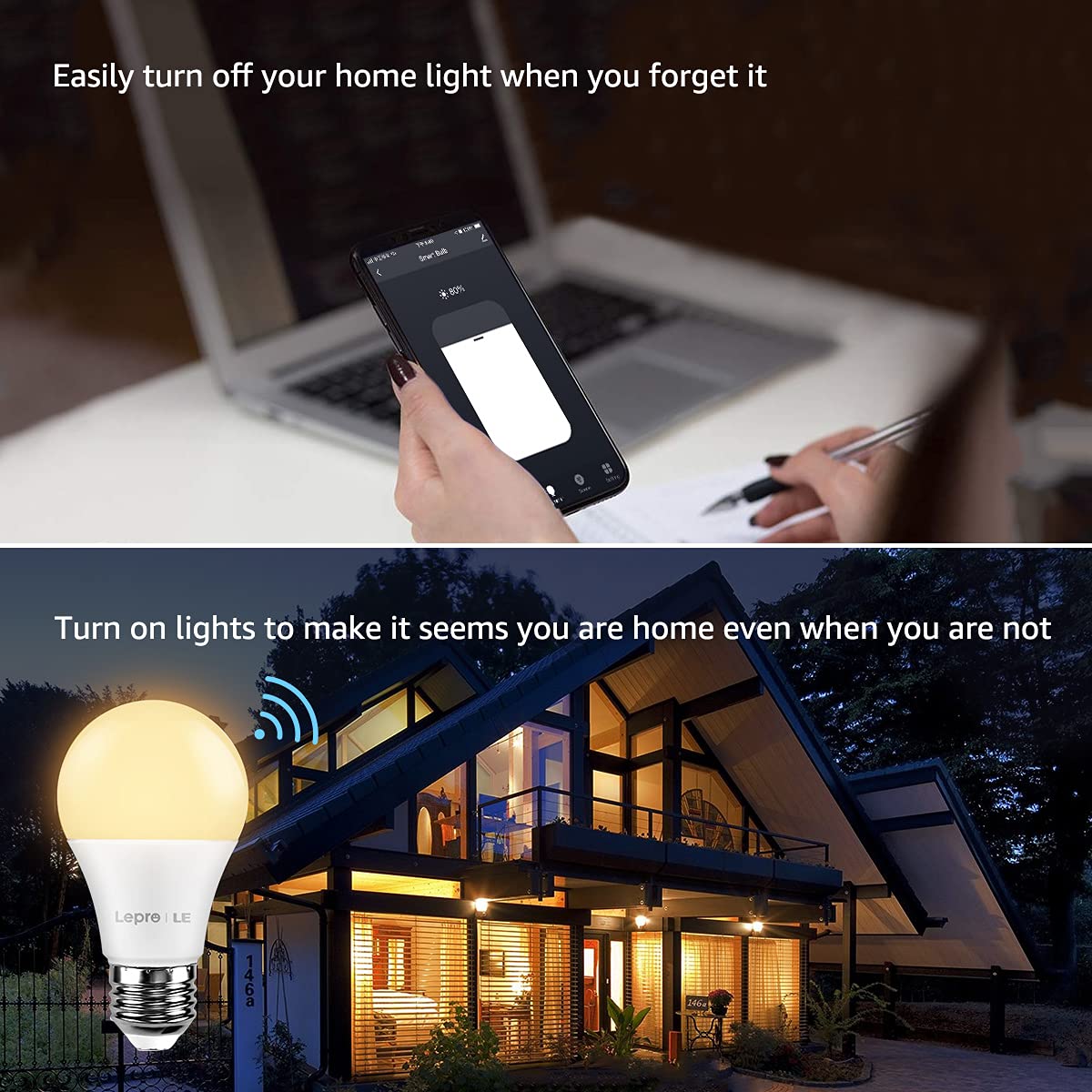 Lepro Smart LED Light Bulbs, Compatible with Alexa & Google Home, 60 Watt Equivalent, Dimmable with App, Warm White 2700K, No Hub Required, A19 E26, 2.4GHz WiFi Only, Pack of 4