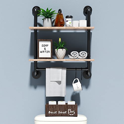 SDMETEI 24 Inch Industrial Pipe Shelf Bathroom Shelves, Rustic Wood Shelf with Towel Bar 2 Tier Farmhouse Industrial Pipe Shelving Towel Rack Over Toilet for Storage