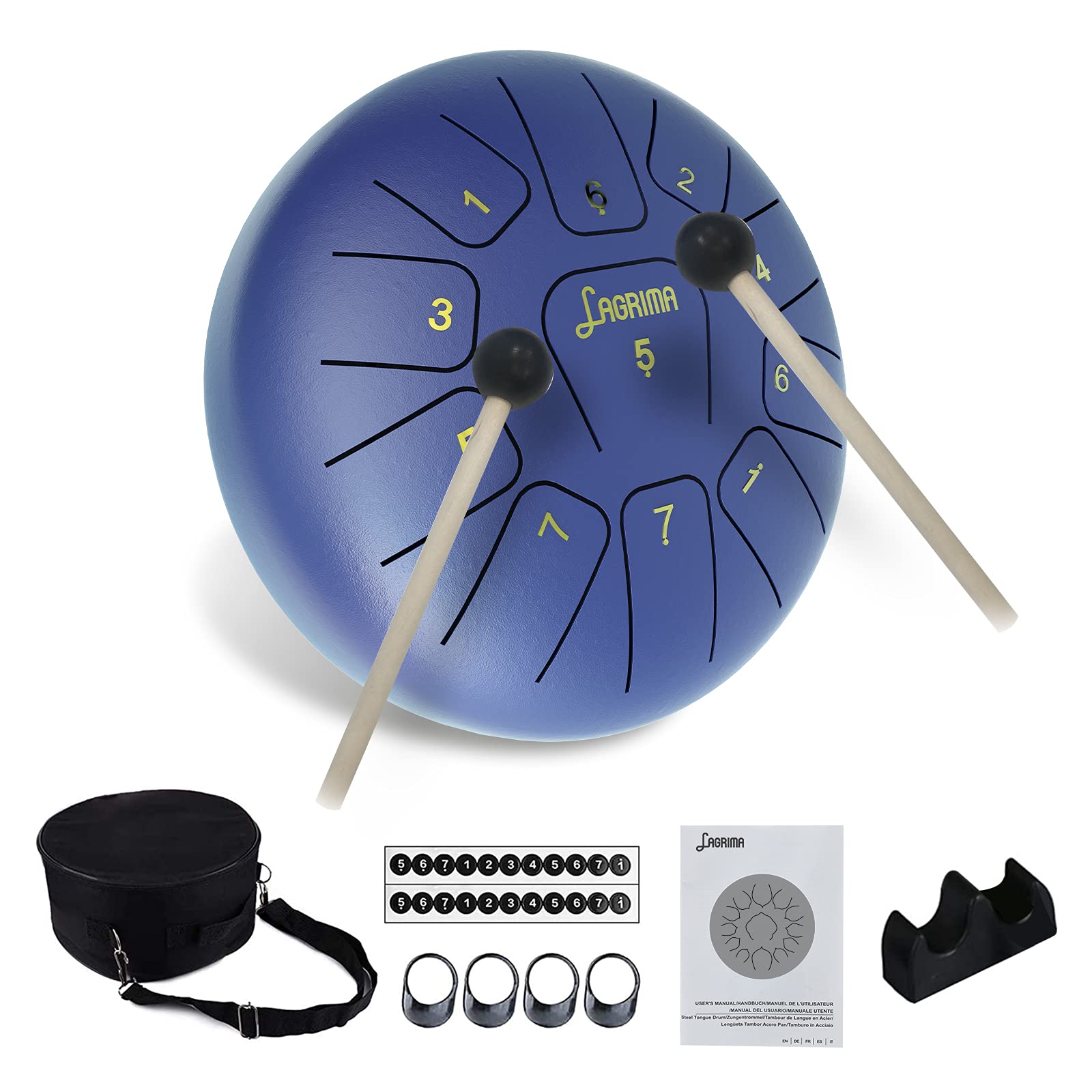 LAGRIMA Steel Tongue Drum, 11 Notes 10 Inches Percussion Instrument with Drum Mallets Note Stickers Finger Picks Mallet Bracket and Gig Bag, Dark Blue