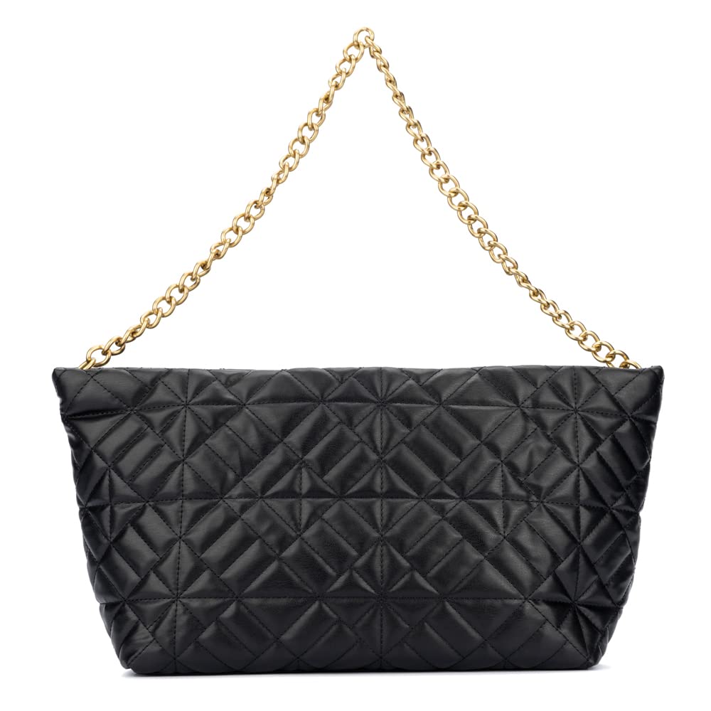 Olivia Miller Women's Fashion Mina PVC Quilted Black Shoulder Tote Bag w Chunky Gold Chain Strap, Medium Weekender Casual Purse Handbag