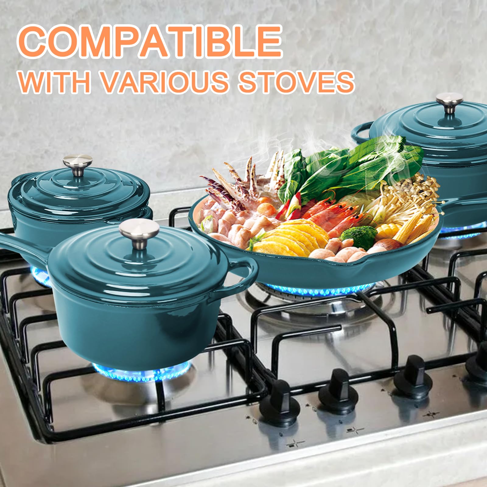 Uniflasy Enameled Cast Iron Cookware Set, 9-Piece Set Nonstick Ceramic Dutch Oven Stove Pots, Skillet, Pans, Lids,Storage Rack and Lid Holder, Oven Safe & Compatible with All Stovetop, Teal Ombre