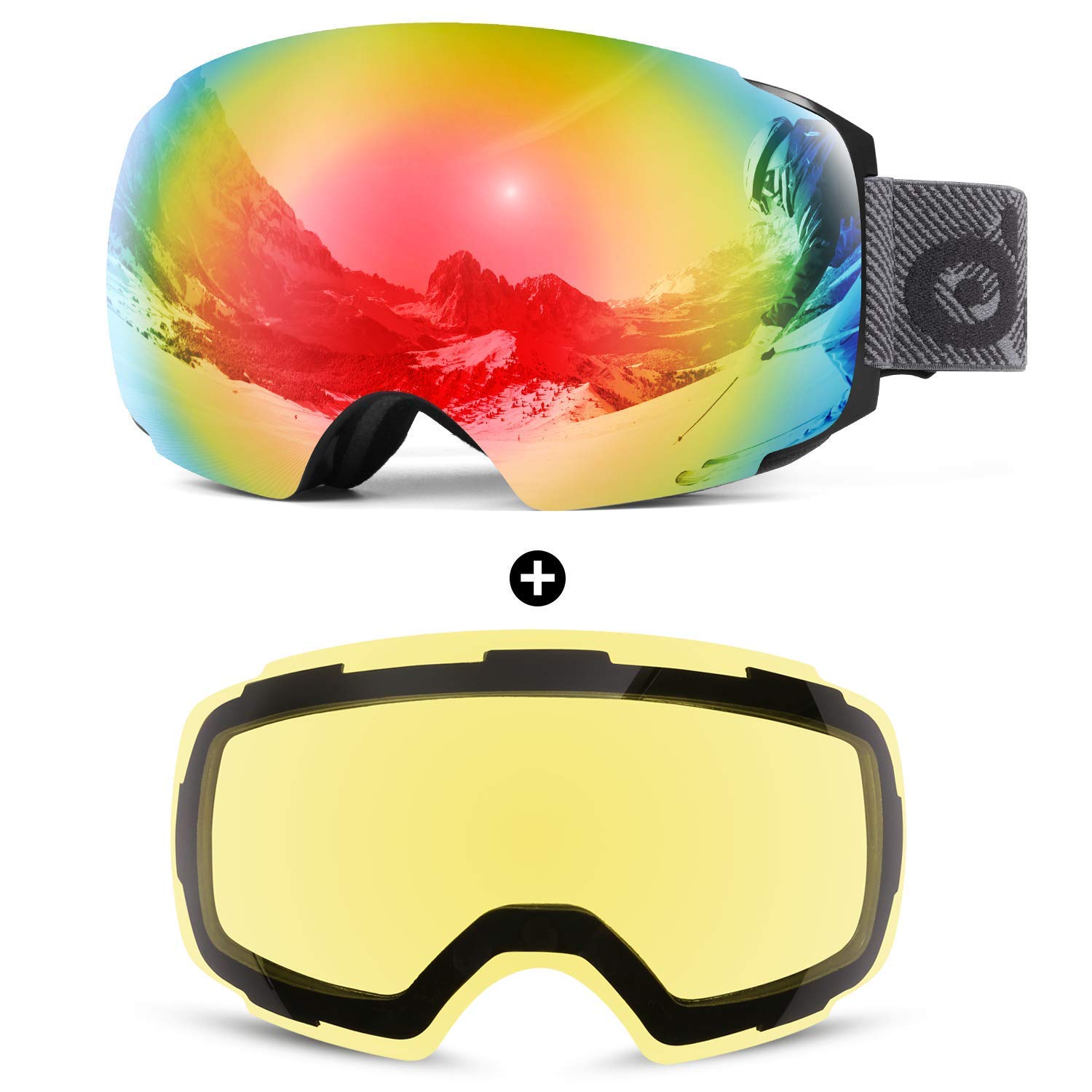 Odoland Bundle - Magnetic Interchangeable Ski Goggles with 2 Lens and Ice Cleats Traction with Leg Gaiters Blue