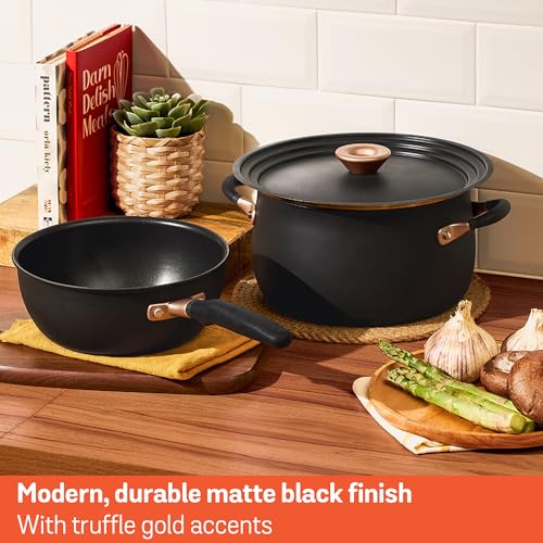 Meyer Stainless Steel Dutch Oven, 5 quart Stock Pot, 9.5" Induction Compatible Stockpot, Dishwasher Safe Casserole Pot, Oven Safe, Matte Black with Silicone Handles, Accent Series Cookware