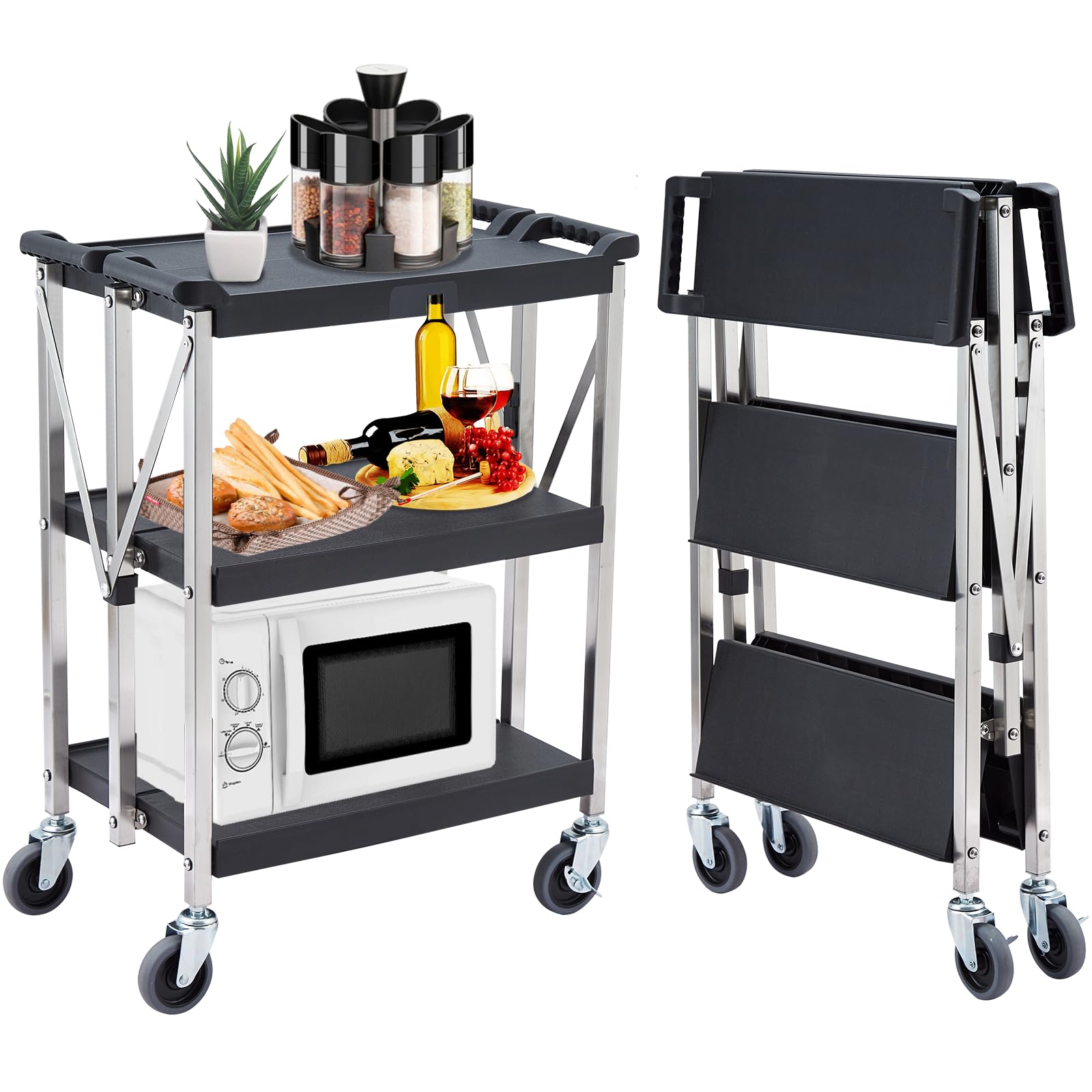 Zstar Foldable Service Cart, 3-Tier Heavy Duty Rolling Service Cart with Lockable & Silent Wheels, 330 lbs Load Capacity, Professional Utility Cart for Foodservice, Commercial,Office, Warehouse, Black