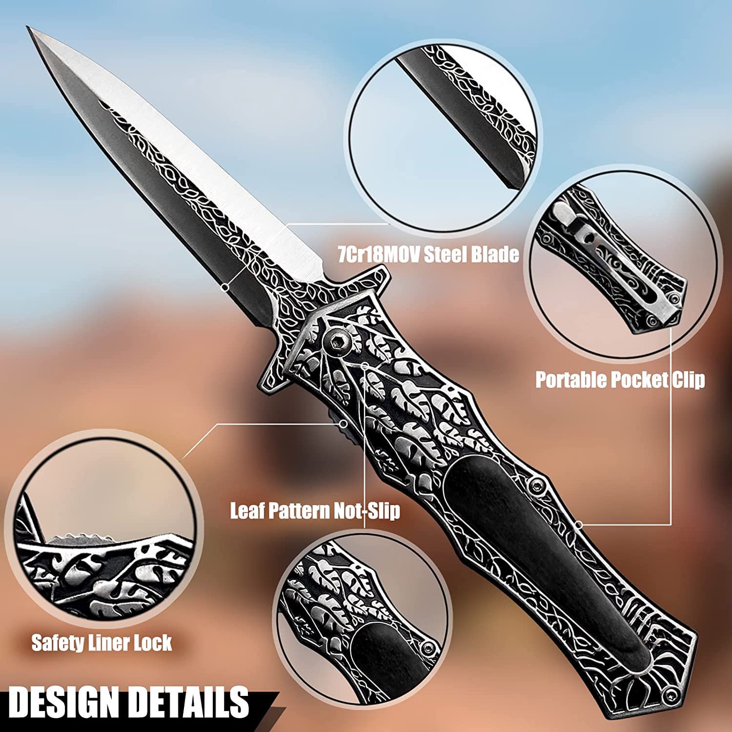 NAXFUSS Camping Tactical Japanese Pocket Knife with Leaf Patterned Wooden Handle and Clip - 8.9" EDC Hunting Survival Folding Knife with Clip, Unique Gifts for Men