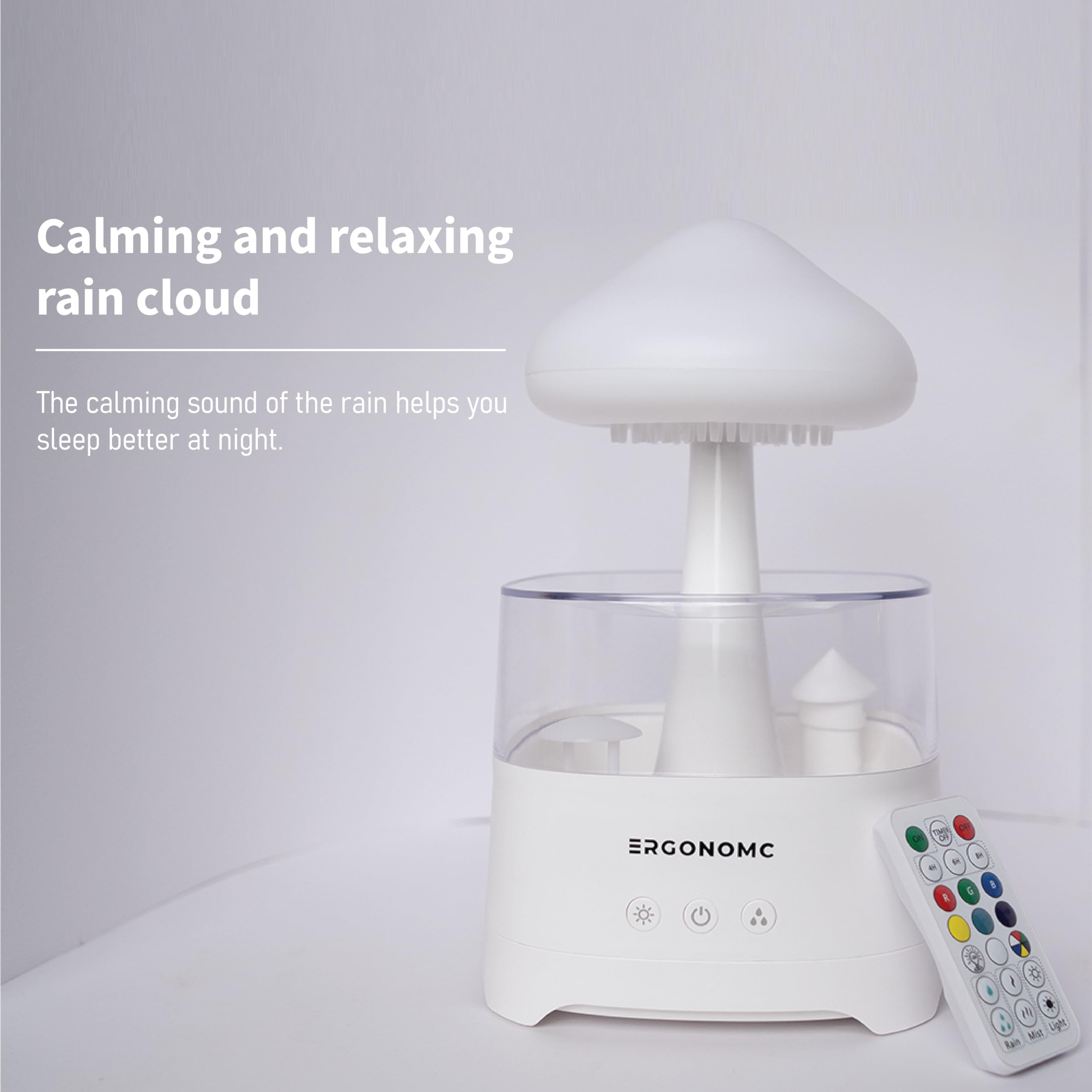 Rain Cloud Humidifier Water Drip, 2X Cool Mist Rate Ultrasonic Aromatherapy Diffuser by Ergonomc: Remote Controlled, 7 Color Night Light, 450ml, Auto Shut Off, Mushroom Humidifier, 1Yr Warranty