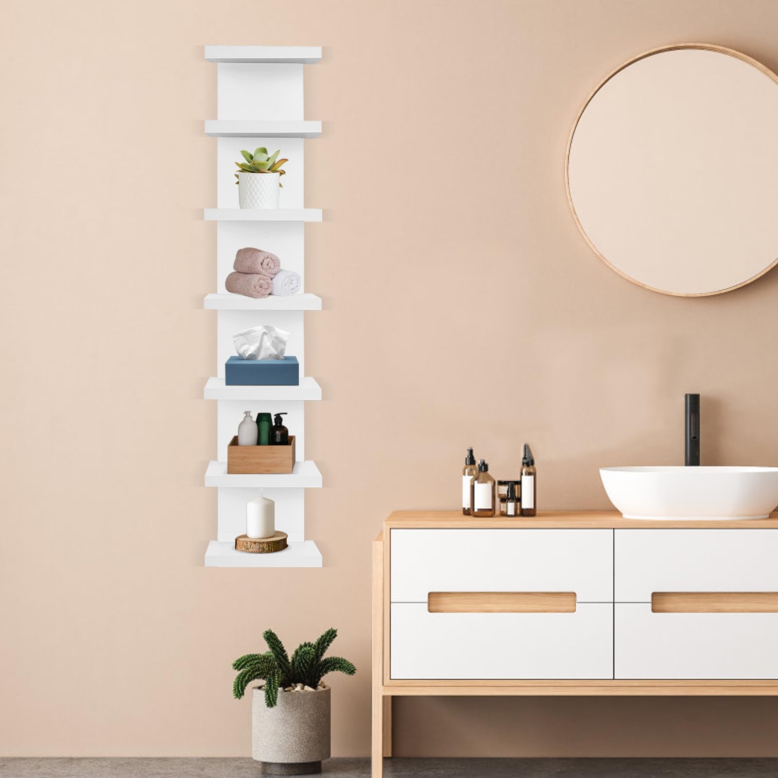 YEXEXINM 7 Tier Wall Shelf Unit - Narrow Smooth Laminate Finish - Vertical Column Wall Decor Mount Floating Storage Home Decor Organizer Tall Tower Utility Shelf for Bedrooms, Living Rooms(White)