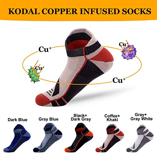 Kodal Copper Infused Running Socks No Smell Low Cut Ankle Tab Support Comfortable Cushion - 5 Pairs