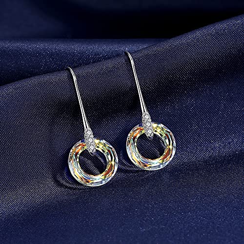 Malanda 925 Sterling Silver Circle Drop Earrings for Women Swarovski Crystal Hook Dangle Earrings Birthday Jewelry Gift for Mom (Crystal Aurora Borealis)