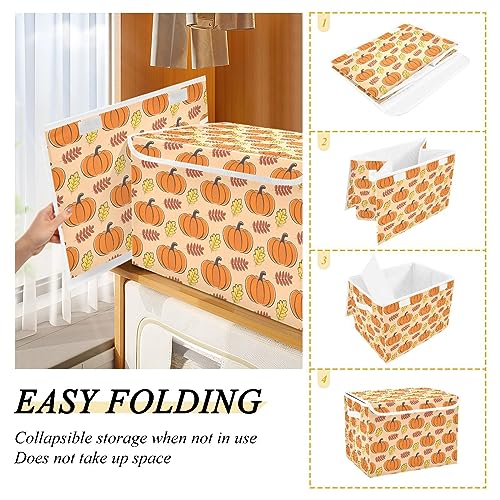 Krafig Foldable Storage Box Large Cube Organizer Bins Autumn Orange Pumpkins Containers Baskets with Lids Handles for Closet Organization, Shelves, Clothes, Toys