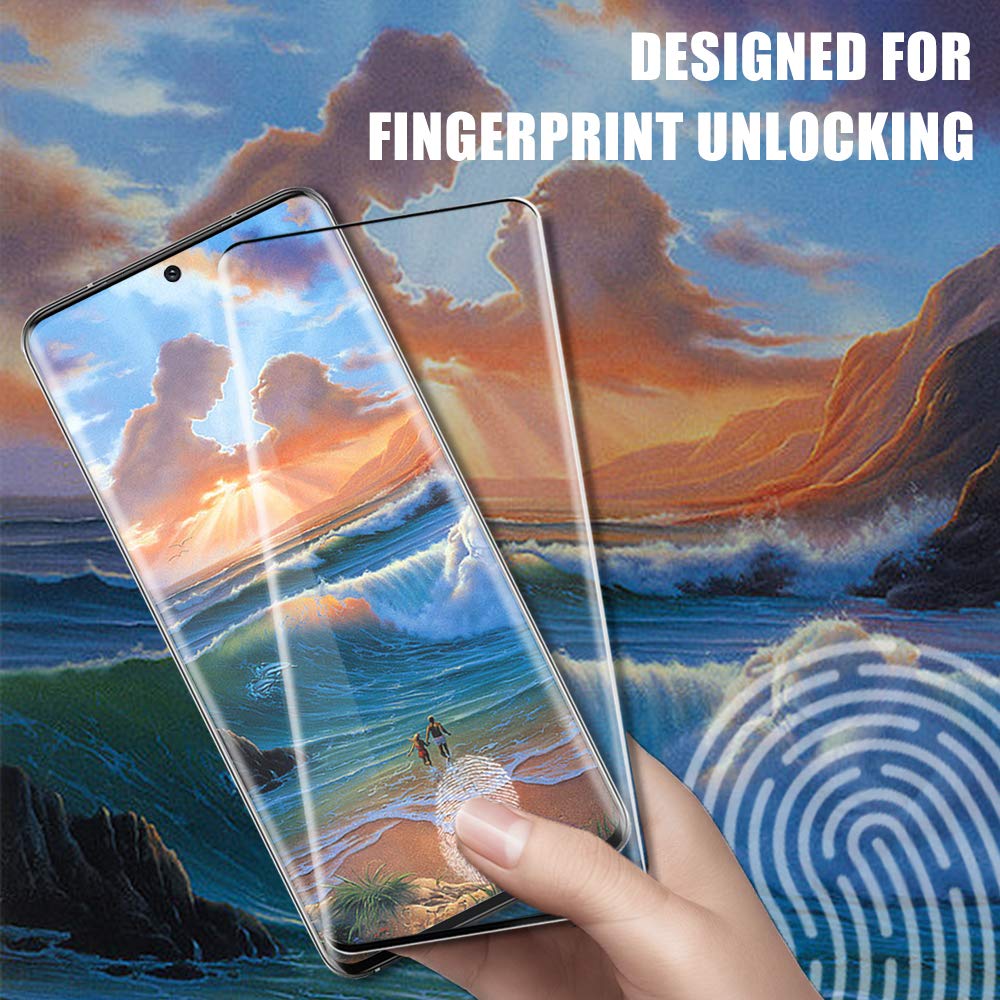 LETANG [2+2 Pack ] Galaxy S20 Ultra Screen Protector Tempered Glass, with 2 Pack Camera Lens Protector, 9H Hardness, Support Fingerprint, 3D Curved Glass Film