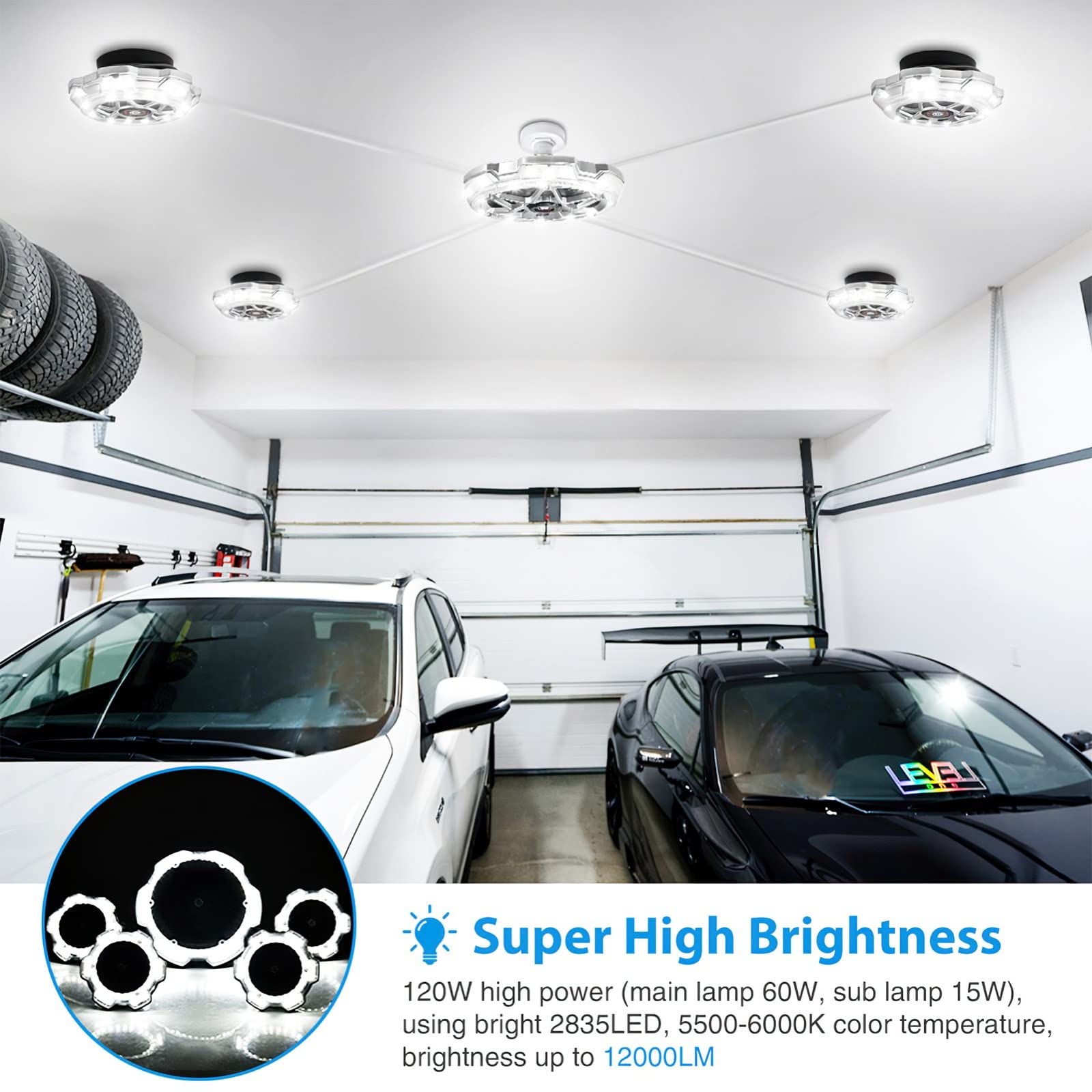 ZTHOME 120w Garage Light Round 5-Head Lighting, Bright Led Garage Light, Led Light Bulbs for Barn