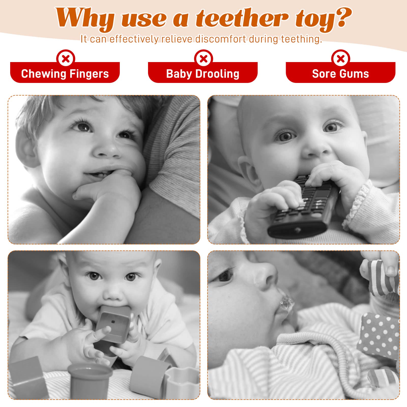 Silicone Remote Control Baby Teether Toys, Teething Toys for Toddler, Chew Toy for Baby 6-12 Months, Sensory Press Toy (Black)