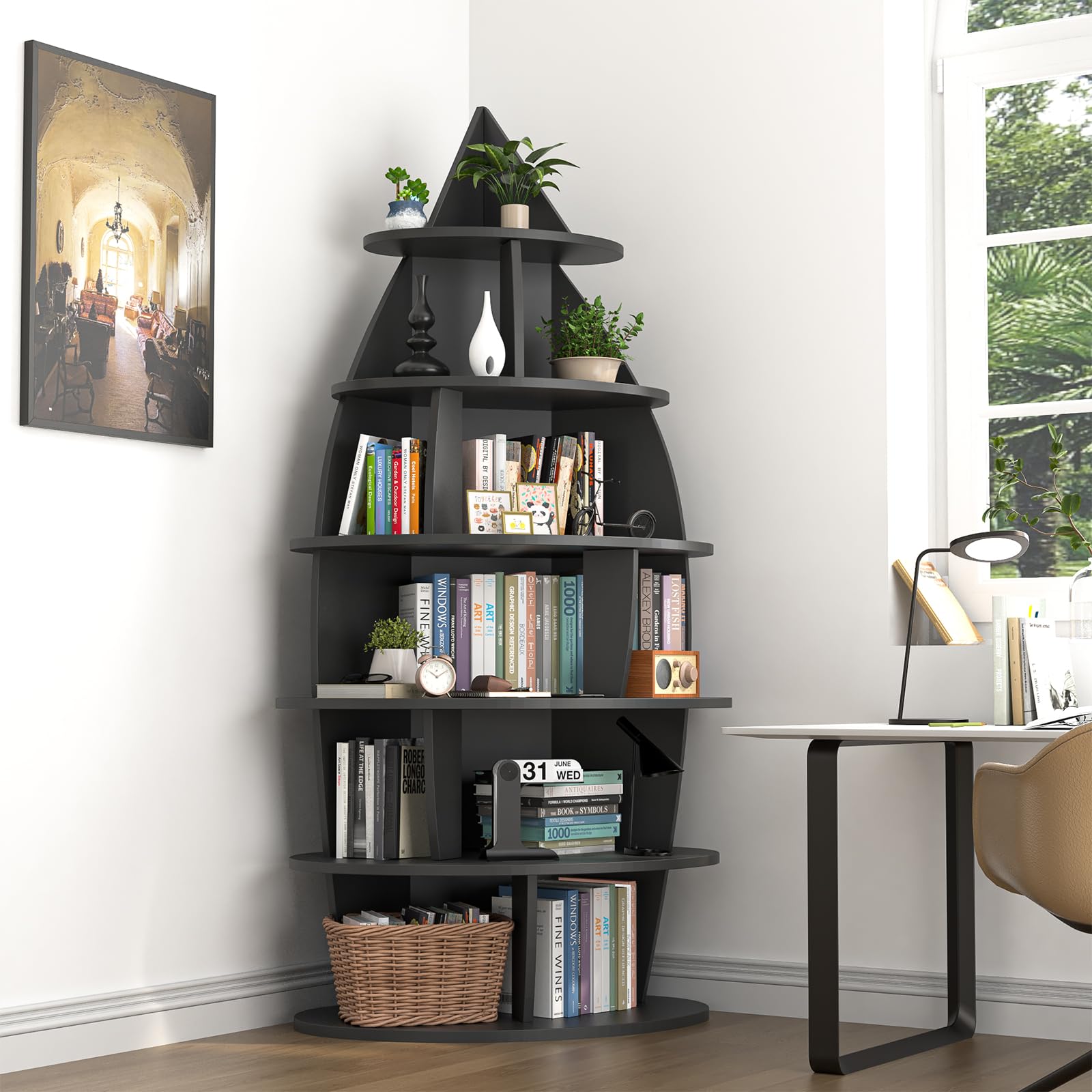Yeyawomy 71" Tall 6 Tier Bookshelf Sailboat 360 Degree Display Floor Standing Bookcase Storage Rack for Kids&Adults Multi-Functional Bookshelf Organizer