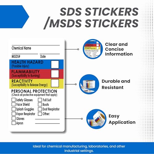 SDS Stickers 500 Stickers - 2 Rolls of 250, 1.5" x 2.5", Right To Know- Chemical Identifying and Marking Sticker Decals