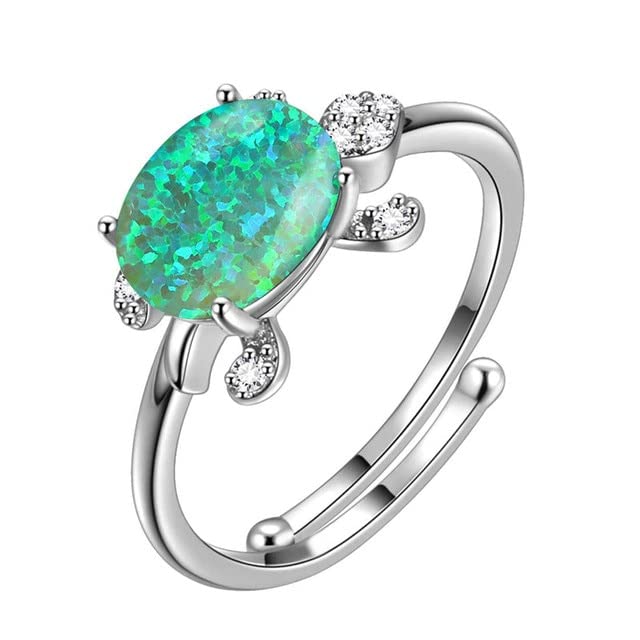 Rainbow Fire Opal Sea Turtle Adjustable Ring Multicolor Zircon Oval Stone Open Ring Classic Silver Color Wedding Rings for Women
