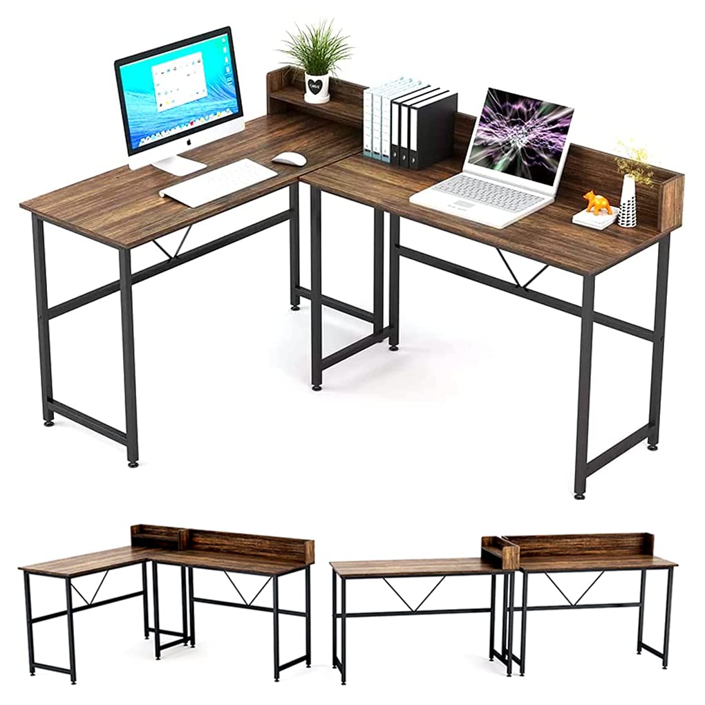 K-Musculo Umekesa L Shaped Desk Reversible Corner Computer Desk or 2 Person Table for Home Office Large Gaming Writing Workstation with Hutch, Space Saving, Rustic Walnut