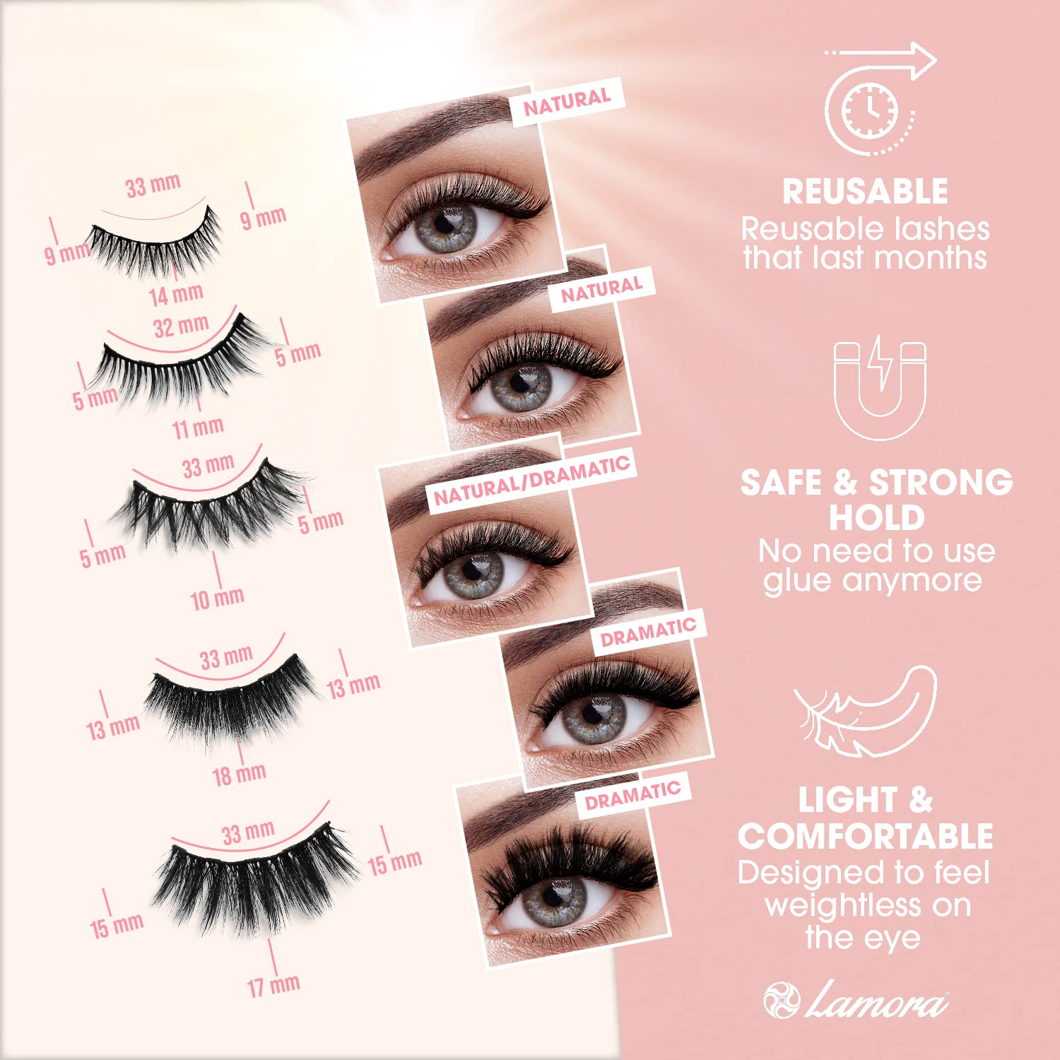 Lamora Reusable False Magnetic Lashes - Fake Magnetic Eyelash Kit With Strong Waterproof Eyeliner, Free Eye Lash Applicator & Protective Gift Storage Box - No Glue False Eyelashes Magnetic Pack