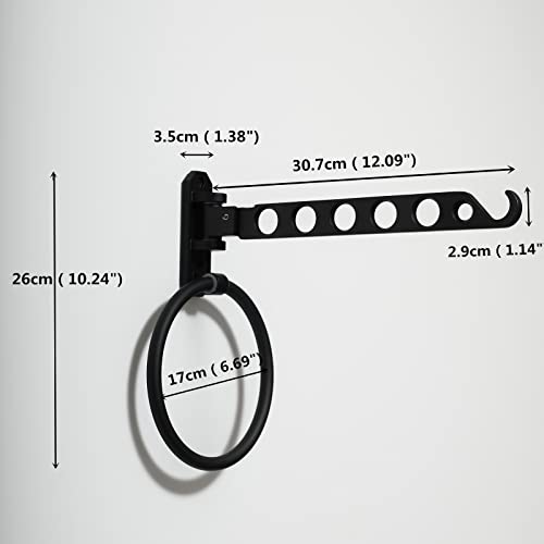 Yooloks Laundry Drying Rack Wall Mounted, Black Folding Clothes Drying Rack Clothes Hanger Rack with Swing Arm and Round Towel Ring, Space Saver for Laundry Room Bathroom Closet Storage Organizer