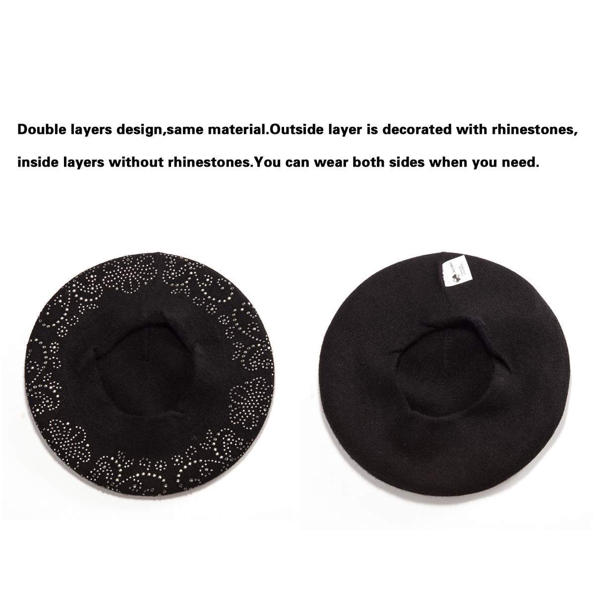 LADYBRO Barre Hat Wool Beret Hats for Women Rhinestone Womens Hats and Caps Winter Black