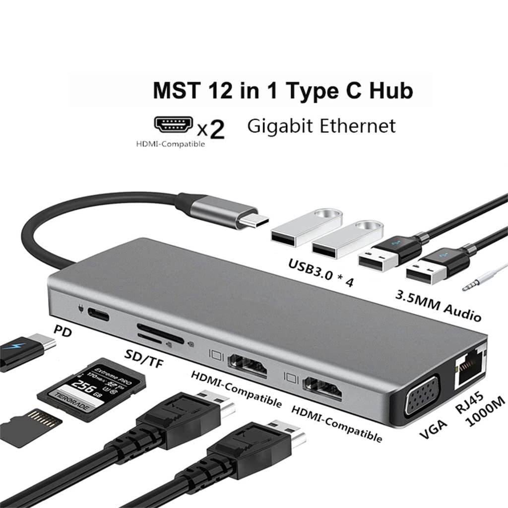 VIBY 12 in 1 USB C HUB Type C Adapter to 4K VGA RJ45 LAN Ethernet SD/TF Hub 3.5MM AUX 12 Port