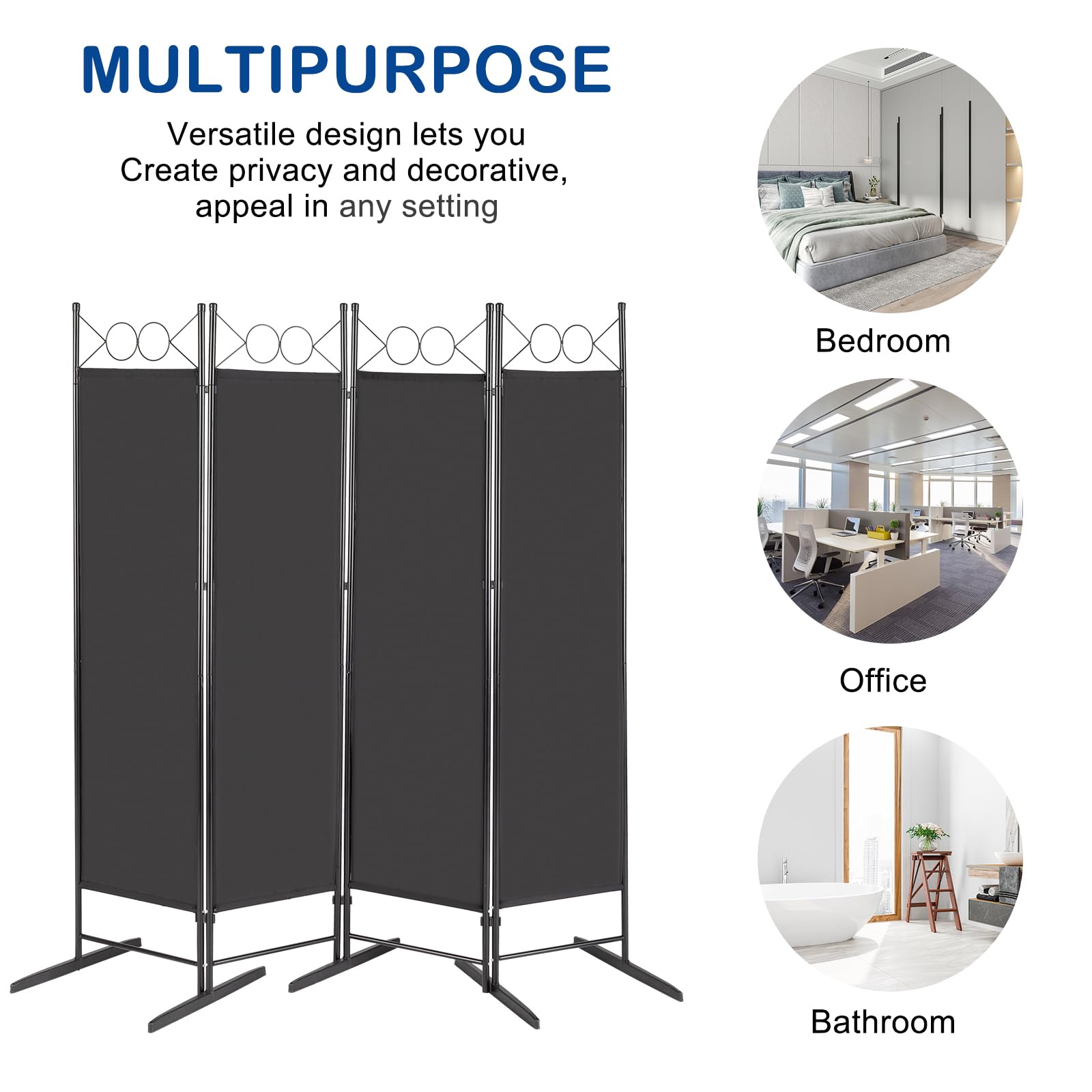 Indoor Room Divider,5.74 Ft Folding Privacy Screens with 17" Support Feet for Bedroom,Dining Room Office (4 Panel, Black)