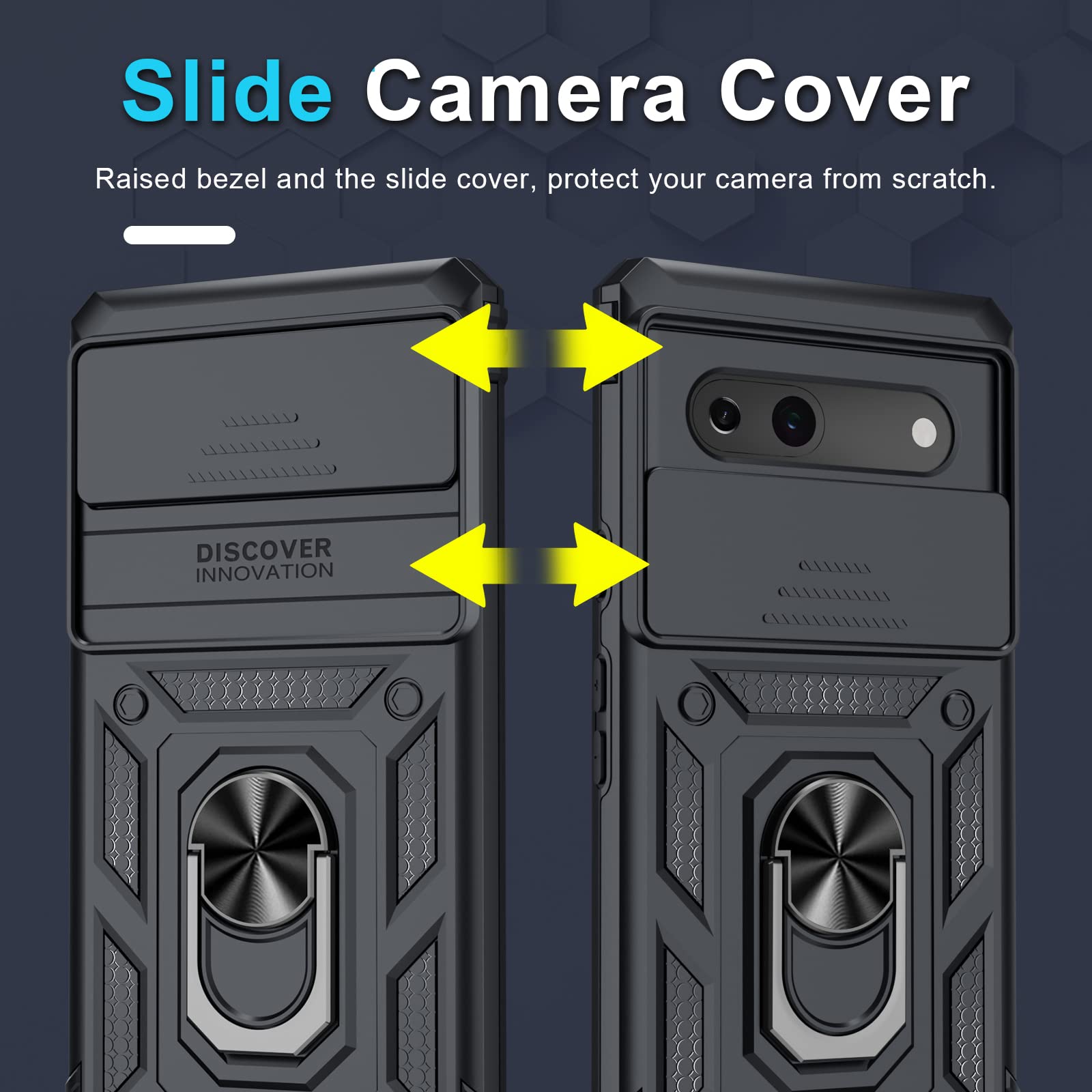 Janmitta Google Pixel 7a Case Built in Slide Camera Lens Cover+Screen Protector [2 Pcs]+Finger Ring Holder Kickstand,Heavy Duty Shockproof Full Body Protective Cover,2023 Black