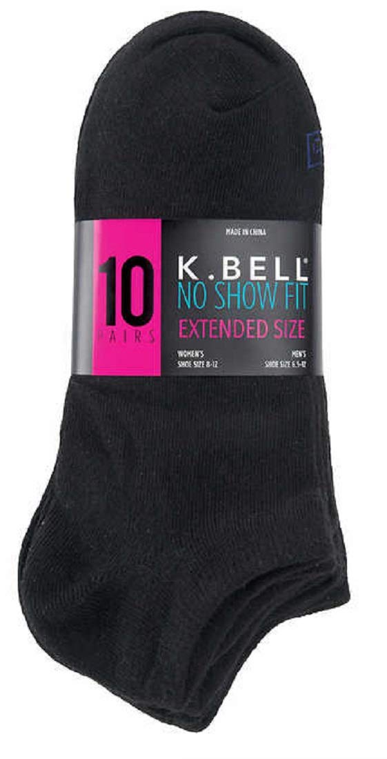 K. Bell Ladies' No Show Sock, 10-pair, Extended size, Shoe Size 8-12