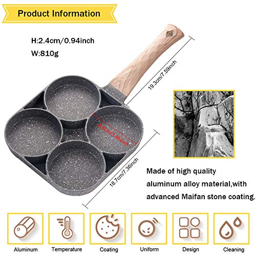 MIHUNTER 4 Egg Frying Pan,Pancake Omelette Pan,Cooker Pans 4-Cups Non-stick Cookware Aluminium Alloy Fried Divided Egg Cooker, Burger Pan for Breakfast,Pancake,Poached Egg1