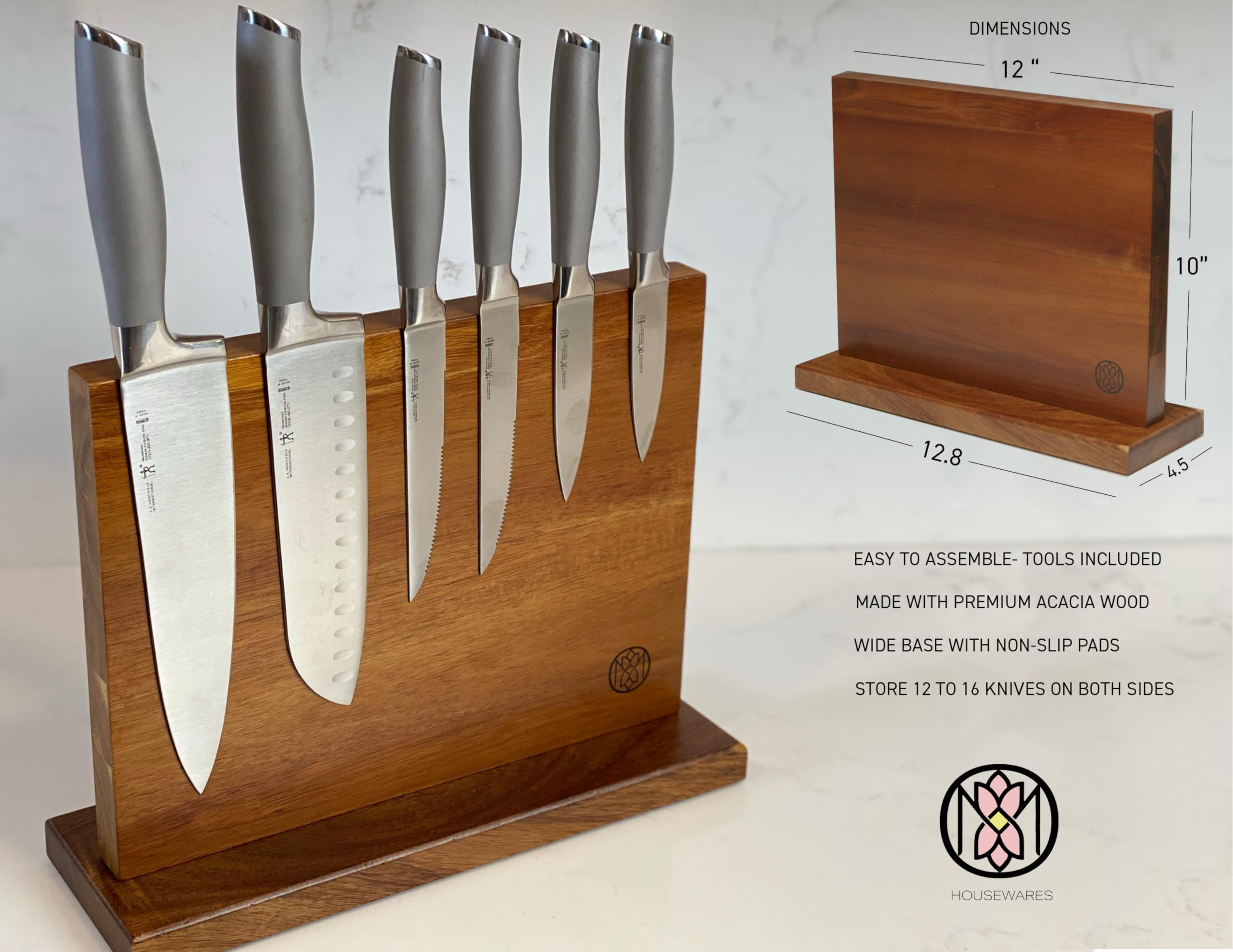 Omni Felix Magnetic Knife Block, Clean and Efficient Knife Holder and Storage, Beautiful Natural Acacia Wood Knife Display Stand, Strong Magnetic Double Sided Kitchen Knife Holder