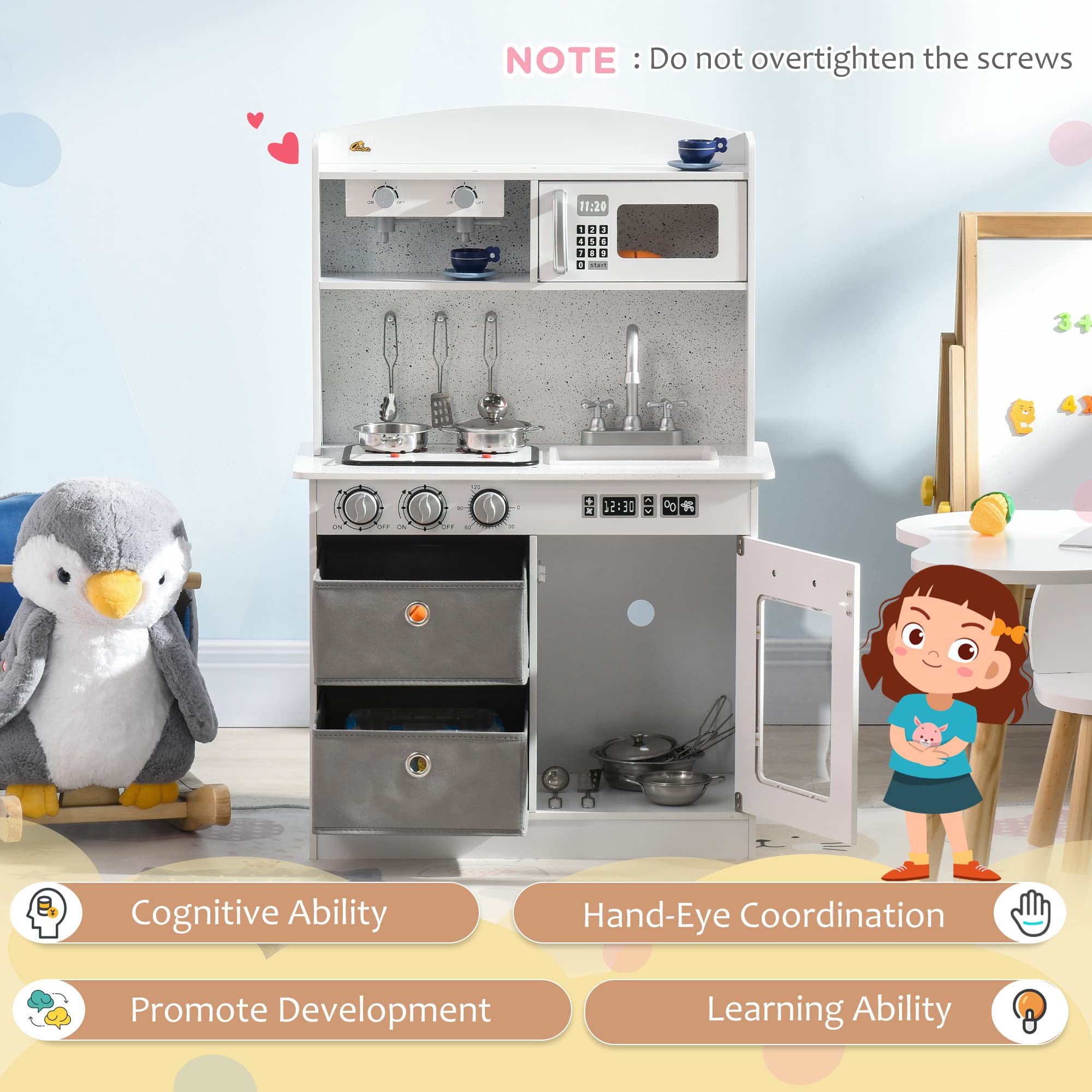 Qaba Wooden Play Kitchen with Easy Toy Organizer Bins, Latte Maker Pretend Play Kitchen Set with Stove Sound Effects, Preschool Imaginative Toy Playset