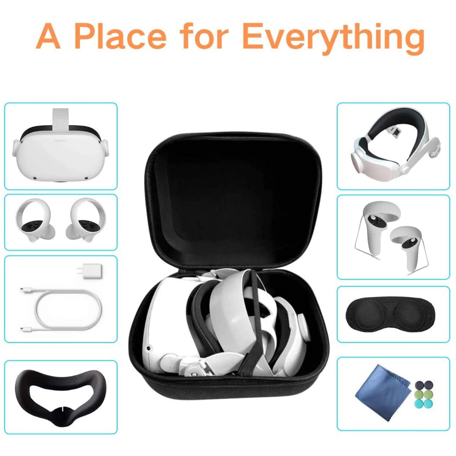 Oculus Quest 2 Accessories Bundle - Oculus Quest 2 Head Strap with Hard Shell Travel Case, Includes Multiple Oculus Quest 2 Accessories [ 2021 All in One Bundle ]