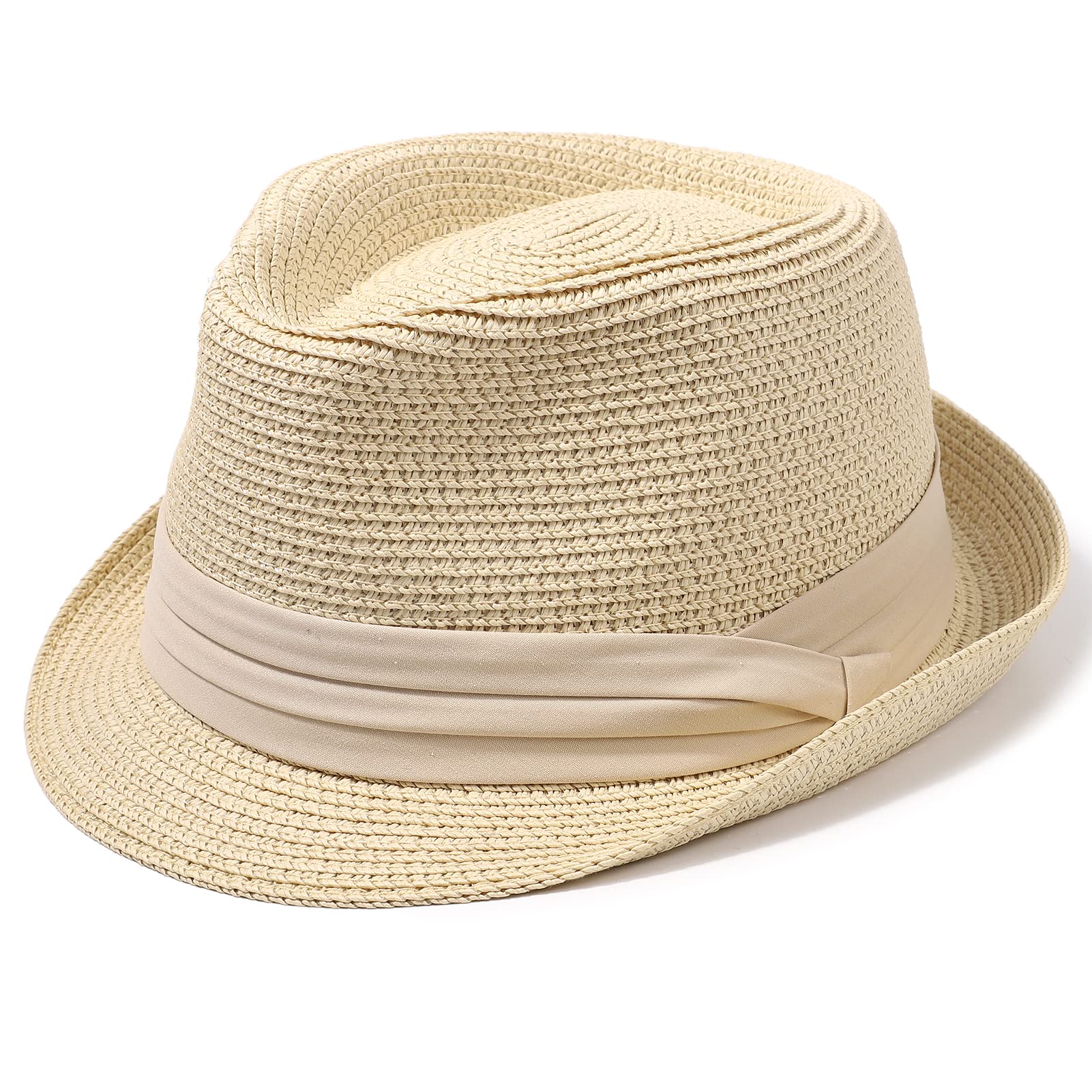 Lvaiz Womens Straw Fedora Hats Short Brim Beach Sun Trilby Hat for Men Packable Roll Up Panama Summer Hat Beige, Z Beige-beige Ribbon, One Size