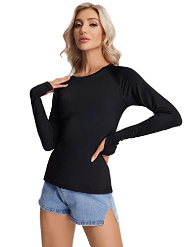 Milumia Women's Long Sleeve Sports Tee Workout Running Yoga Thumbhole Shirts Tops Black Small