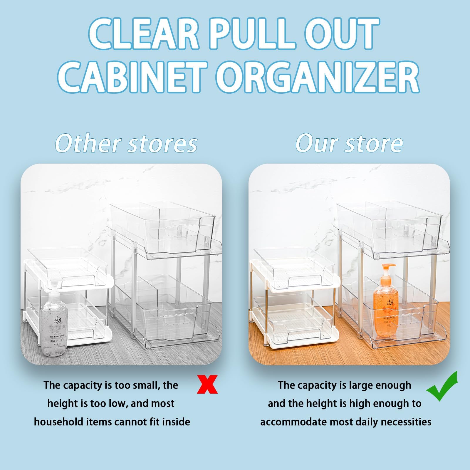 Yieach 2 Sets 9.7" Tall Under Sink Organizers And Storage,Multi-Purpose 2 Tier Under Bathroom Sink Organizer and Under Cabinet Storage,Clear Pull Out Medicine Cabinet Organizer With 8 Movable Dividers