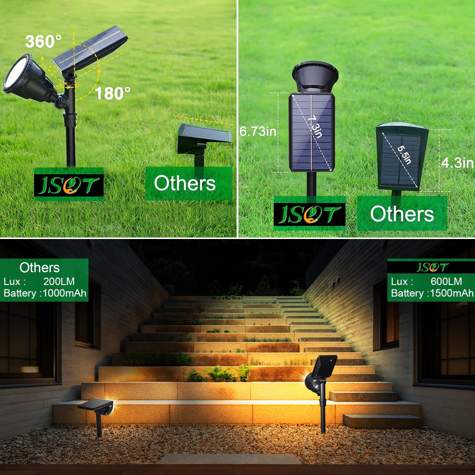 JSOT 600 Lumen Bright Solar Lights Outdoor Waterproof,Solar Powered Landscape Spotlights Solar Walkway Lighting for Backyard Garden Pathway Driveway Path Wall Patio Decor Warm White 4 Pack
