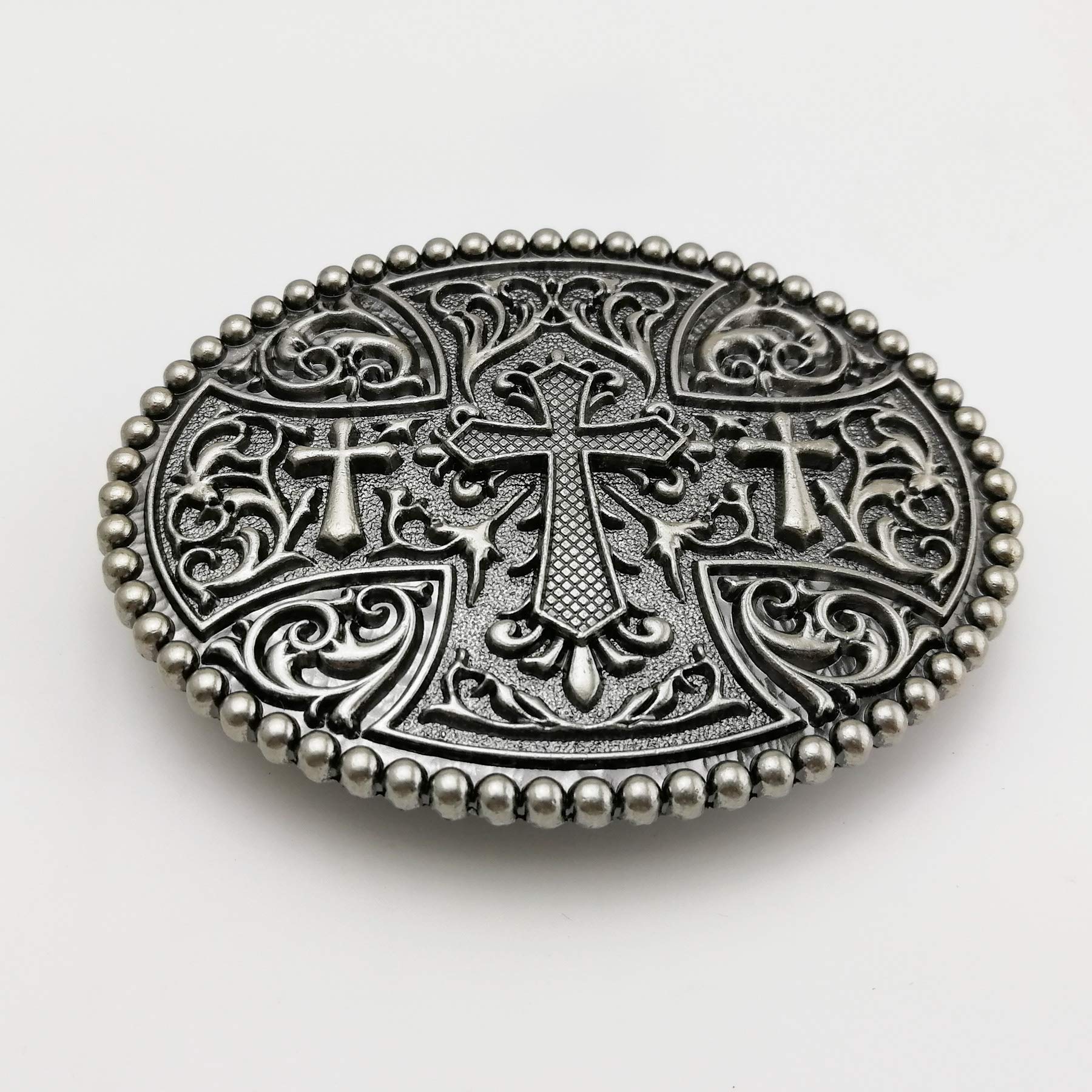 LAXPICOL Native American Big Heavy Duty Vintage Celtic Pattern Cross Oval Belt Buckle For Men Grey Tone