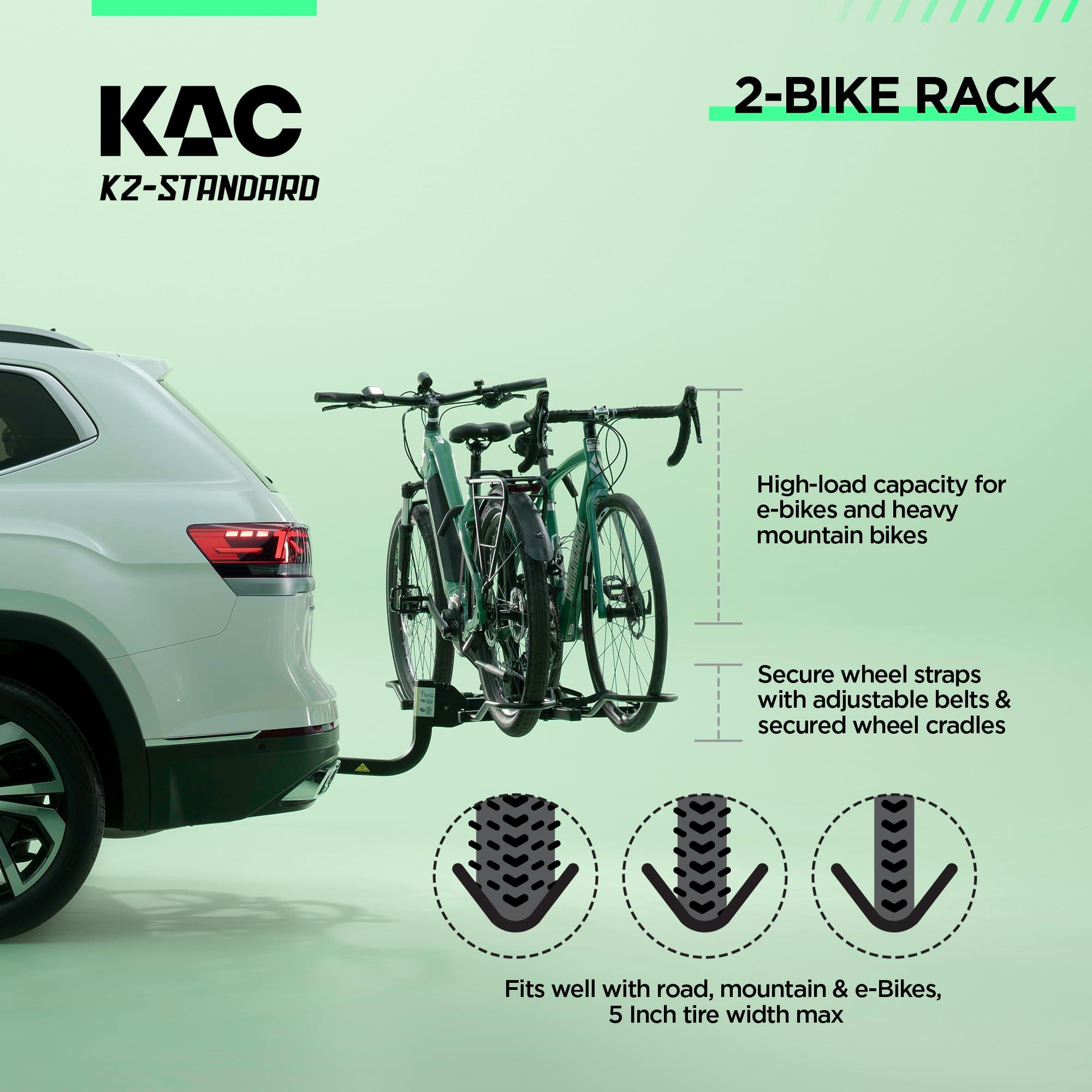 KAC Premium Bike Rack for Car, SUV, Hatchback Mount - 2" Anti-Wobble Hitch & Quick Release Lever for 2 Bikes - Heavy Duty Bicycle Carrier, Easy to Assemble/Install - Tire & Frame Straps Included