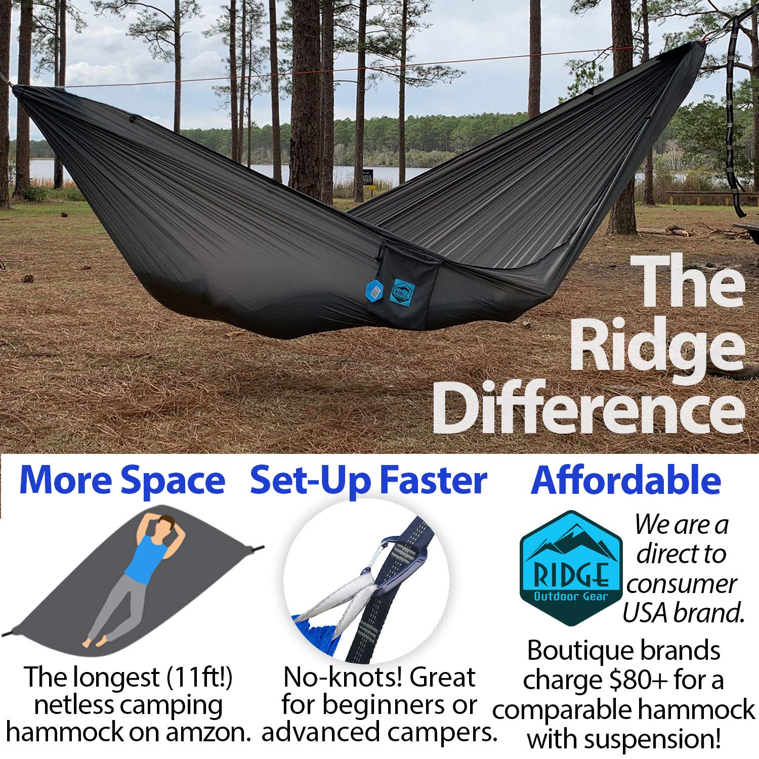 Lay-Flat Halfmoon 11 ft Hammock with Structural Ridgeline for Camping Sleeping Ultralight for Backpacking Hiking