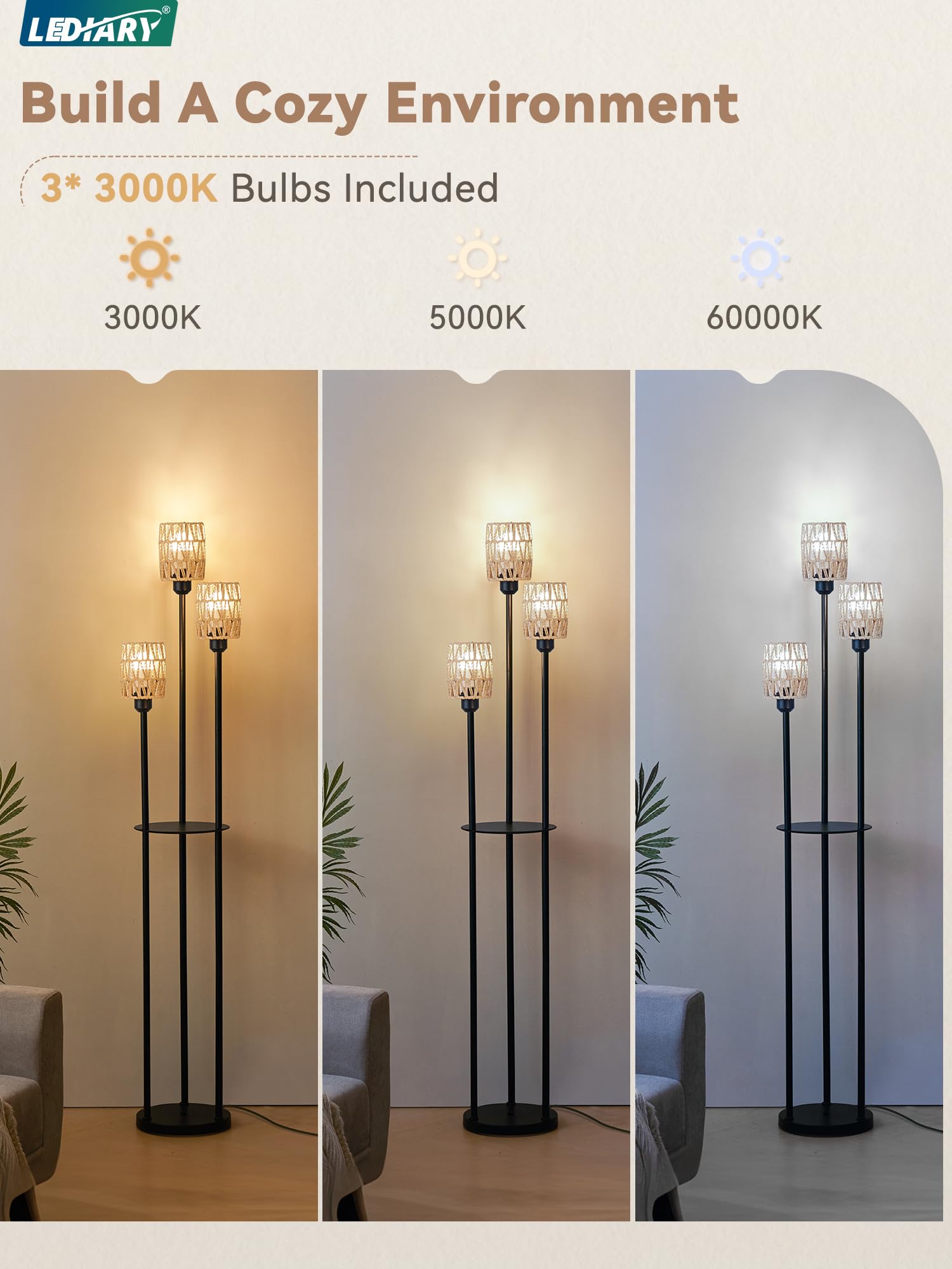 LEDIARY 65" Boho Floor Lamp for Living Room Rattan Floor Lamp with Shelves, 3 LED Bulbs Included Standing Lamp, Floor Lamp for Living Room, Bedroom, Office