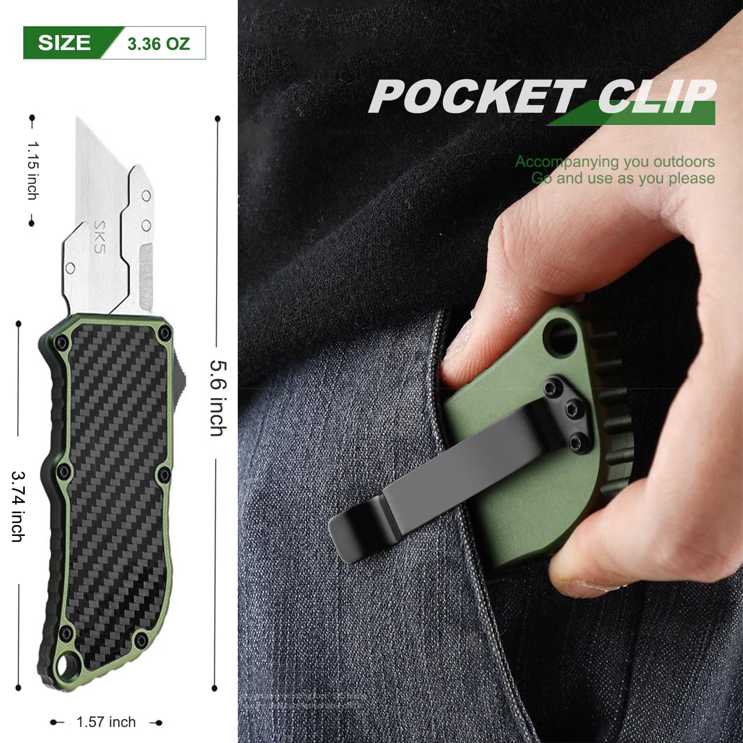 VIFUNCO Utility Knife Box Cutter, EDC Pocket Knife, Change Blade Razor Knife, Heavy Duty Cardboard Cutter, Aluminum Alloy Box Knife With Clip, 5 Extra Replaceable Blades (Carbon Fiber)