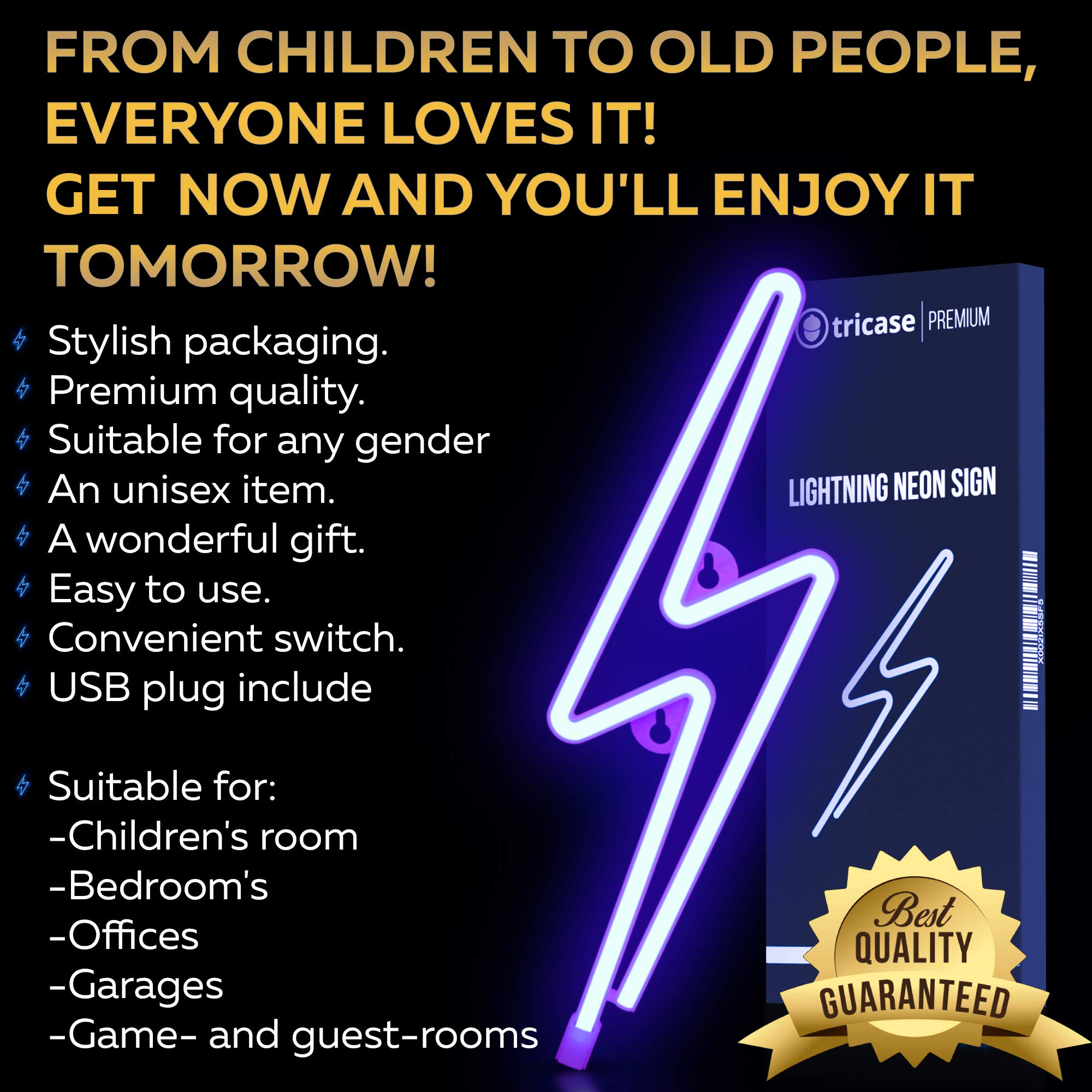 LED Neon Sign Lightning Bolt Light 2.0 Upgrade Neon Lights - Cute, USB Plug Adapter, Long Cable, Neon Lightning Led Light Bolt Sign for Wall Decor for Bedroom, Kids Room, Living Room Gadgets for Room